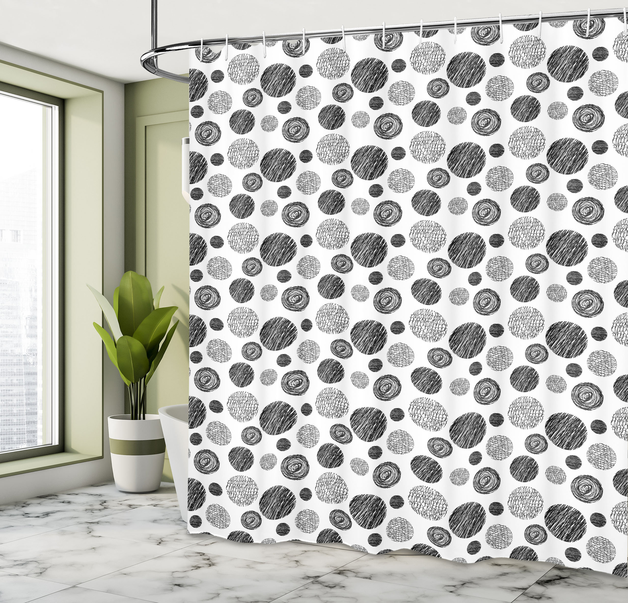George Oliver Abstract Shower Curtain Circular Doodles Dots Black White ...