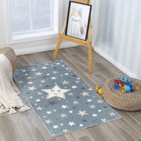 17 Stories Reagyn Kids Machine Washable Blue Beige Bedroom Area Rug ...