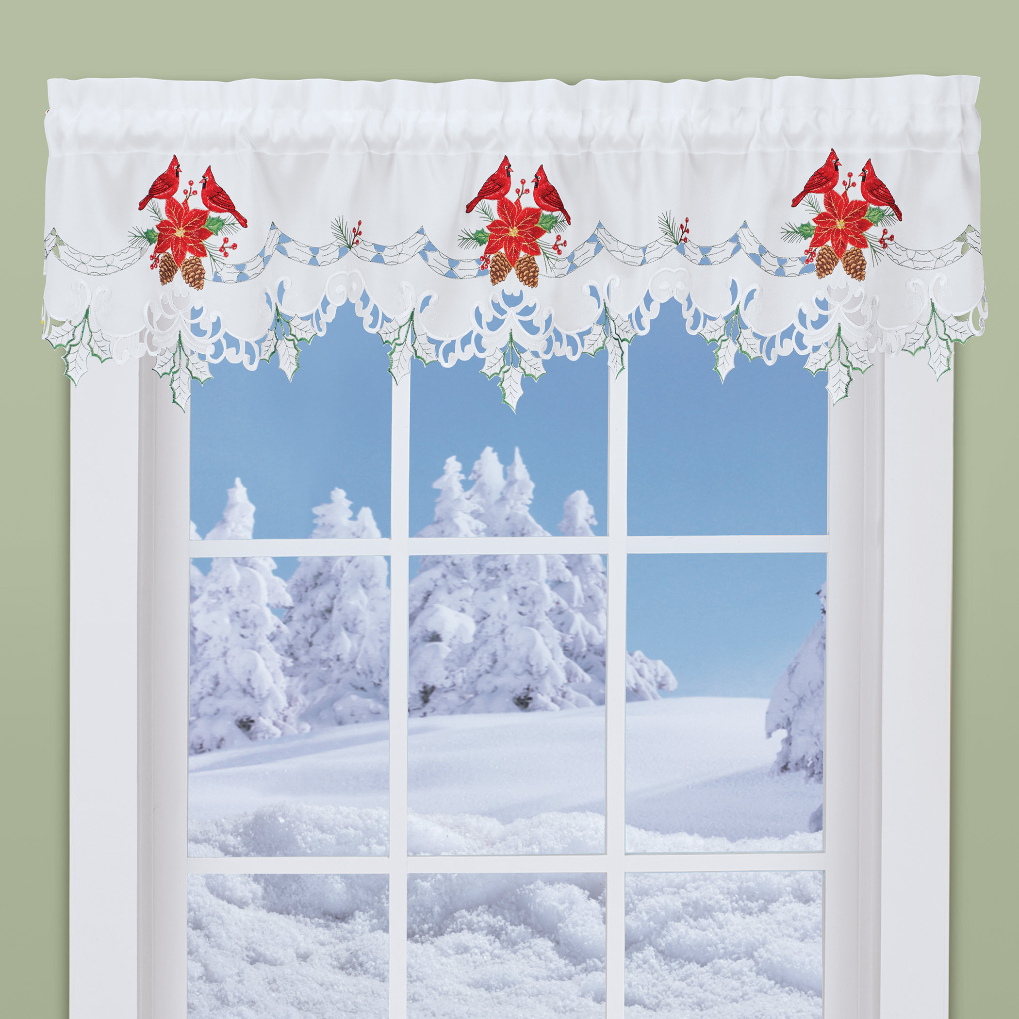 Charlton Home Embroidered Cardinal Poinsettia Festive Window Valance ...