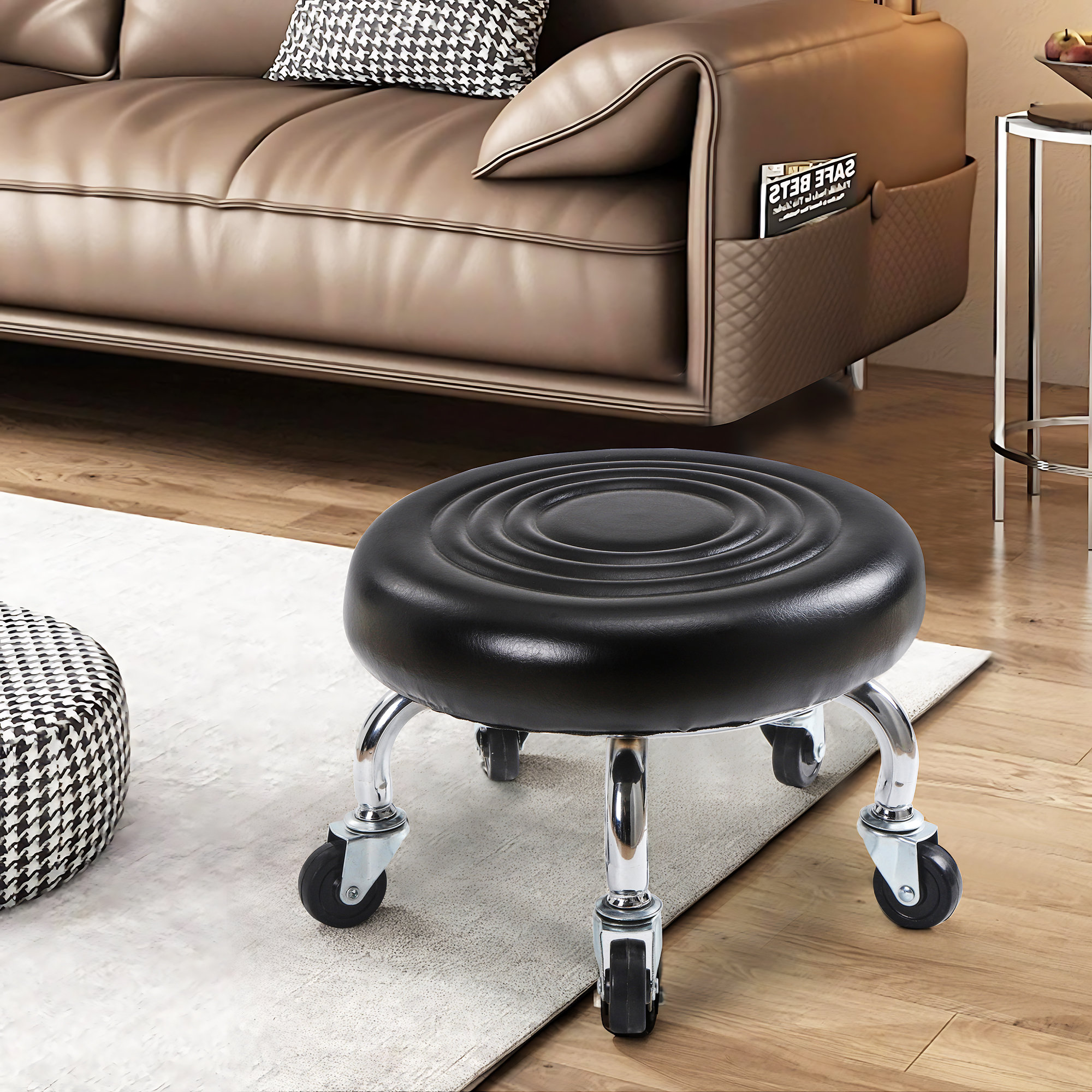 17 Stories Low Rolling Stool With PU Leather | Wayfair