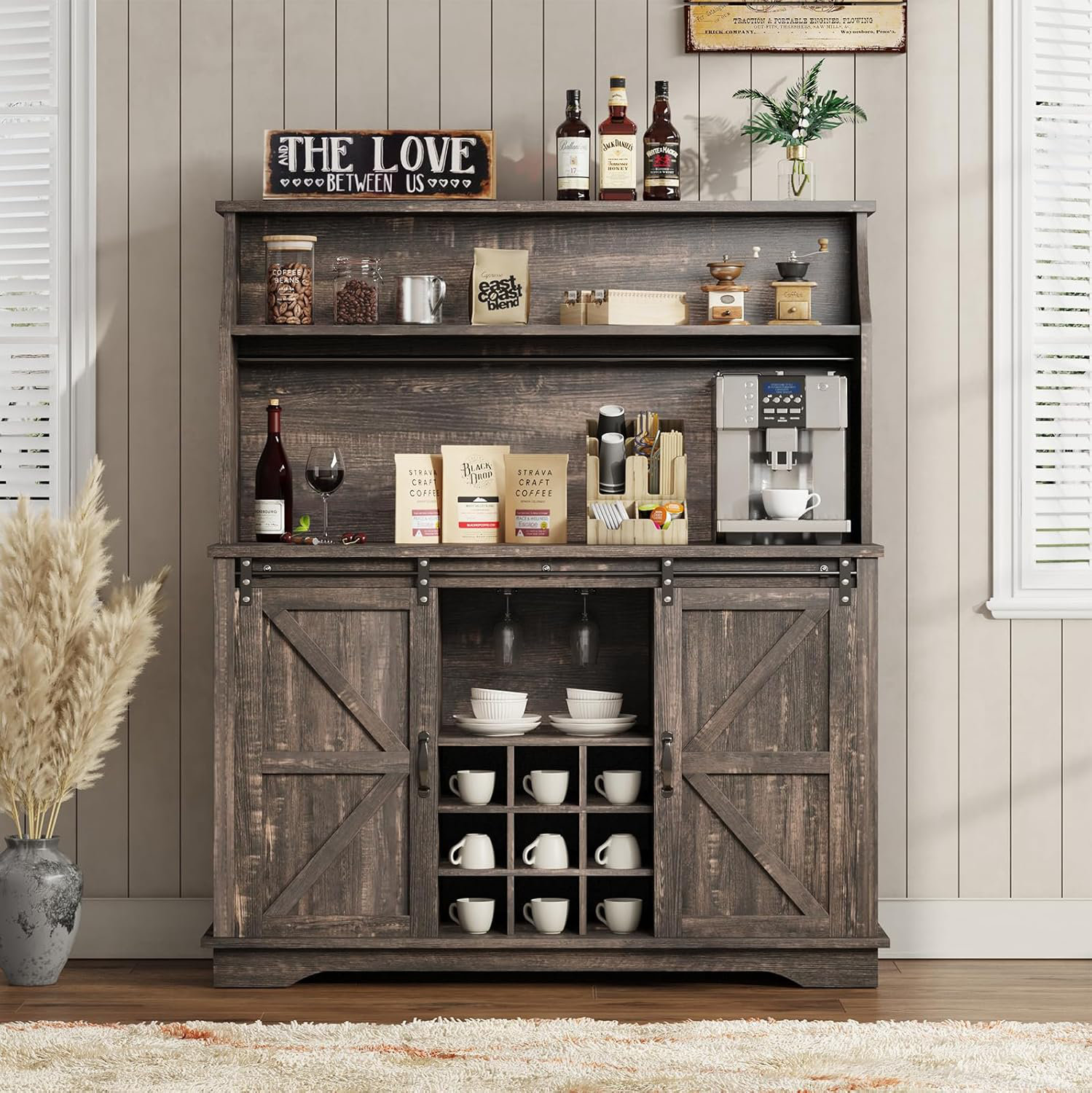 August Grove® 47" Farmhouse Coffee Bar with 3-Tier Storage, Kitchen ...