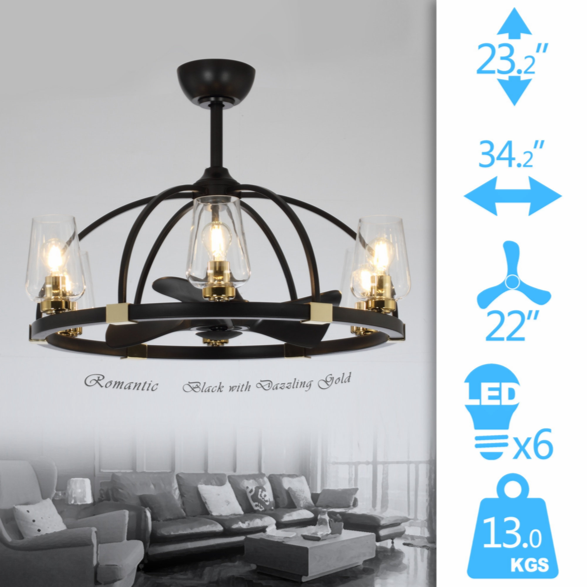Gracie Oaks 34.2 In. 24W LED Light Bulb Ceiling Fan With Double Finish ...
