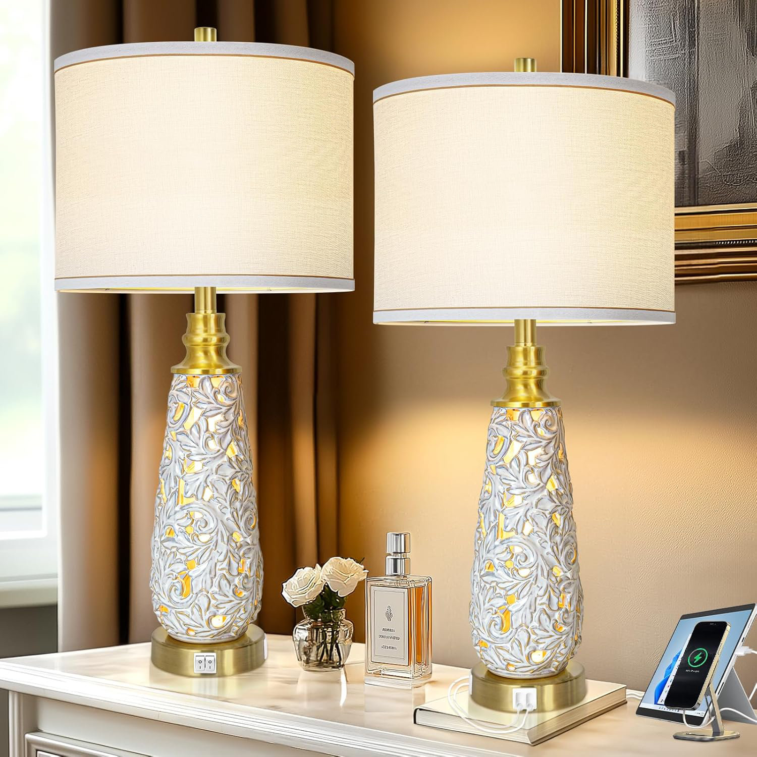 Everly Quinn Table Lamps Set Of 2 With Night Light And USB Charging ...