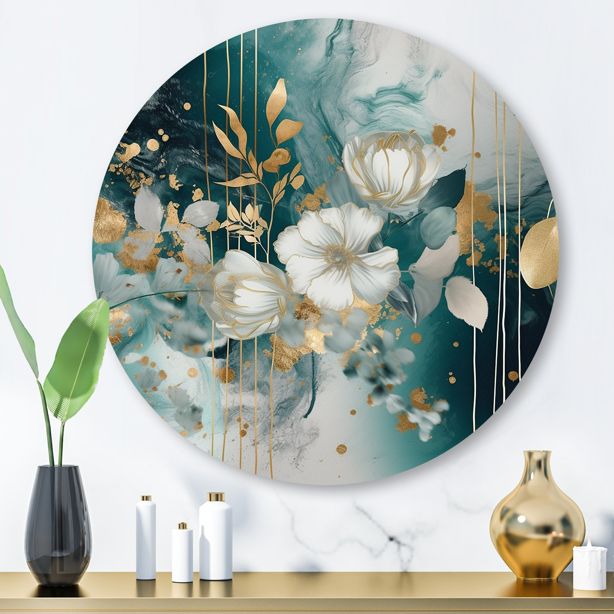 House of Hampton Mandey Golden Blue Marble Flowers I - Floral Round ...