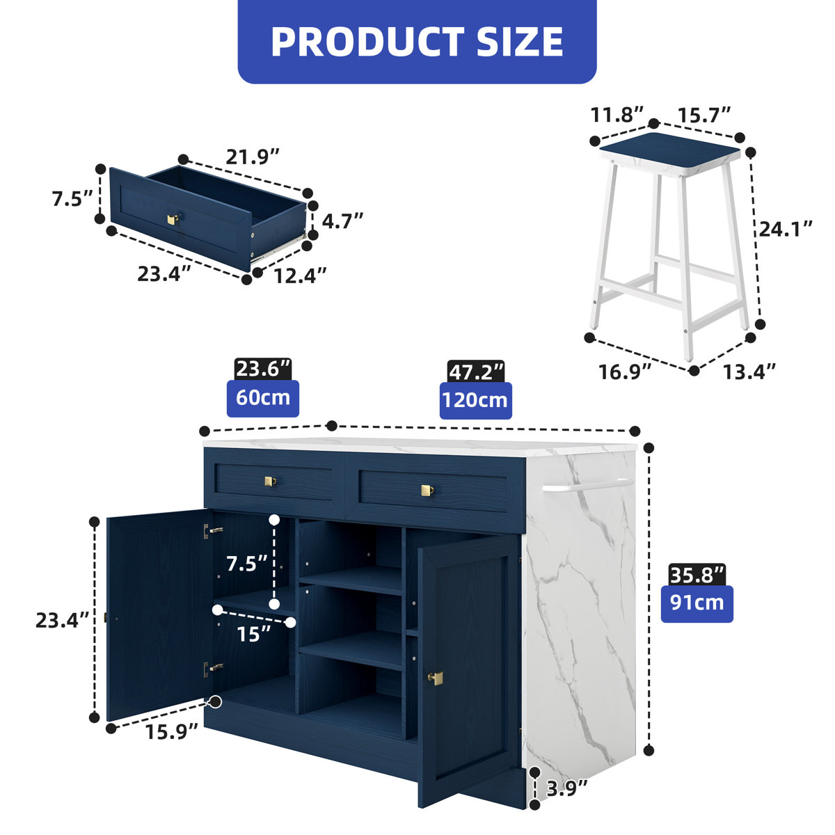Wrought Studio™ Portable Kitchen Island Kitchen Table with 2 Bar Stools ...