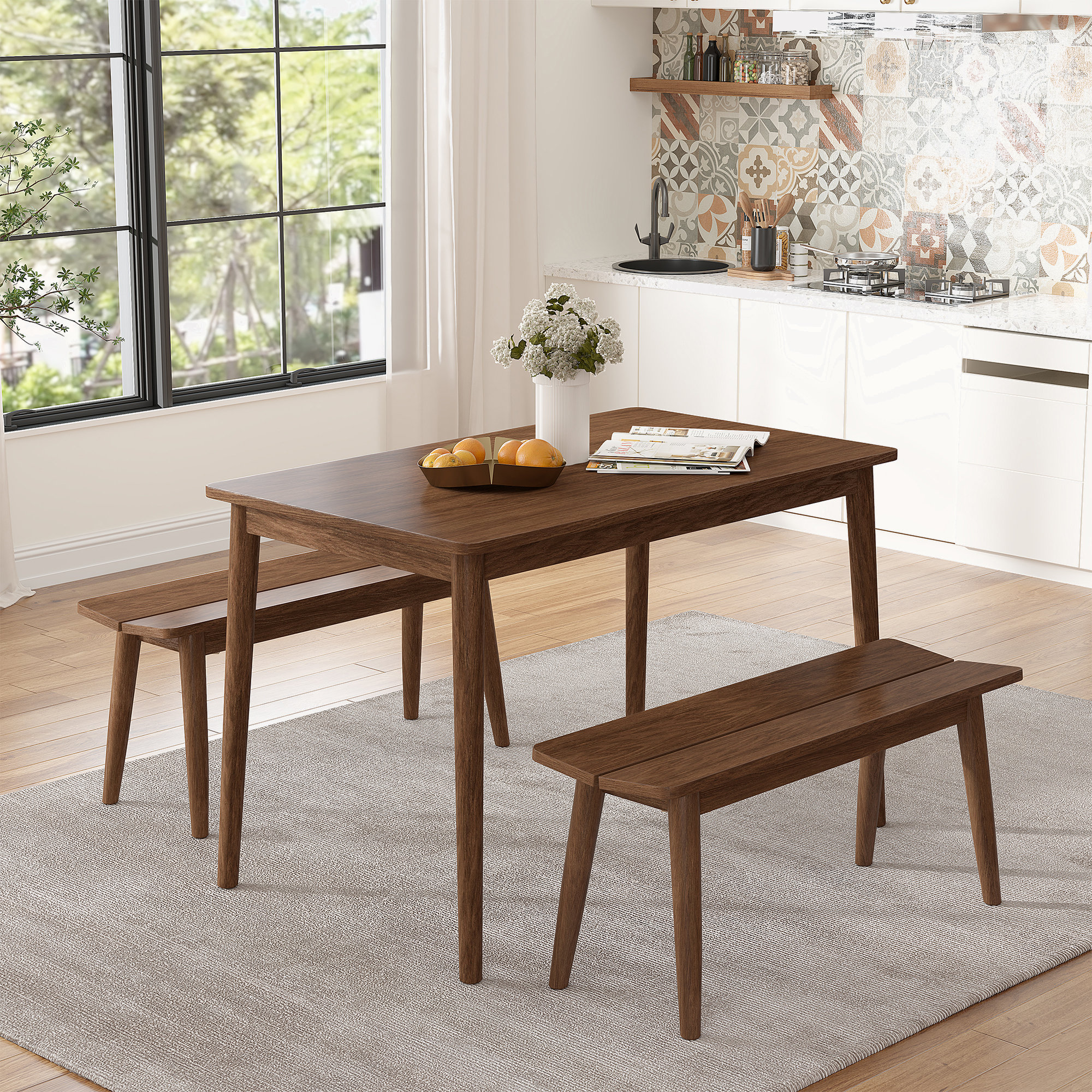 George Oliver 3-Piece Wooden Dining Set, Kitchen Table With 2 Dining ...