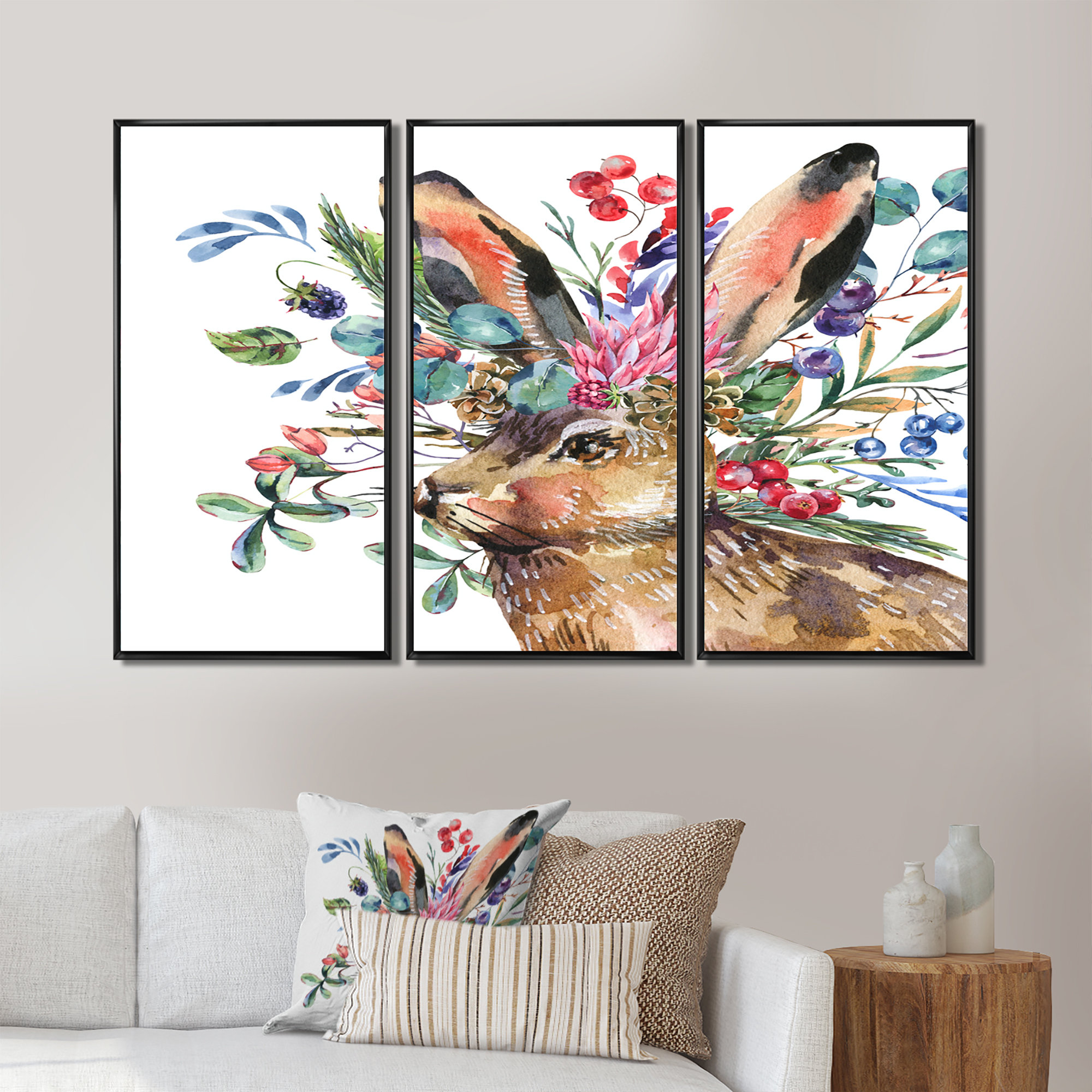 Loon Peak Hare With Flowers - Traditional Framed Canvas Wall Art Set Of ...