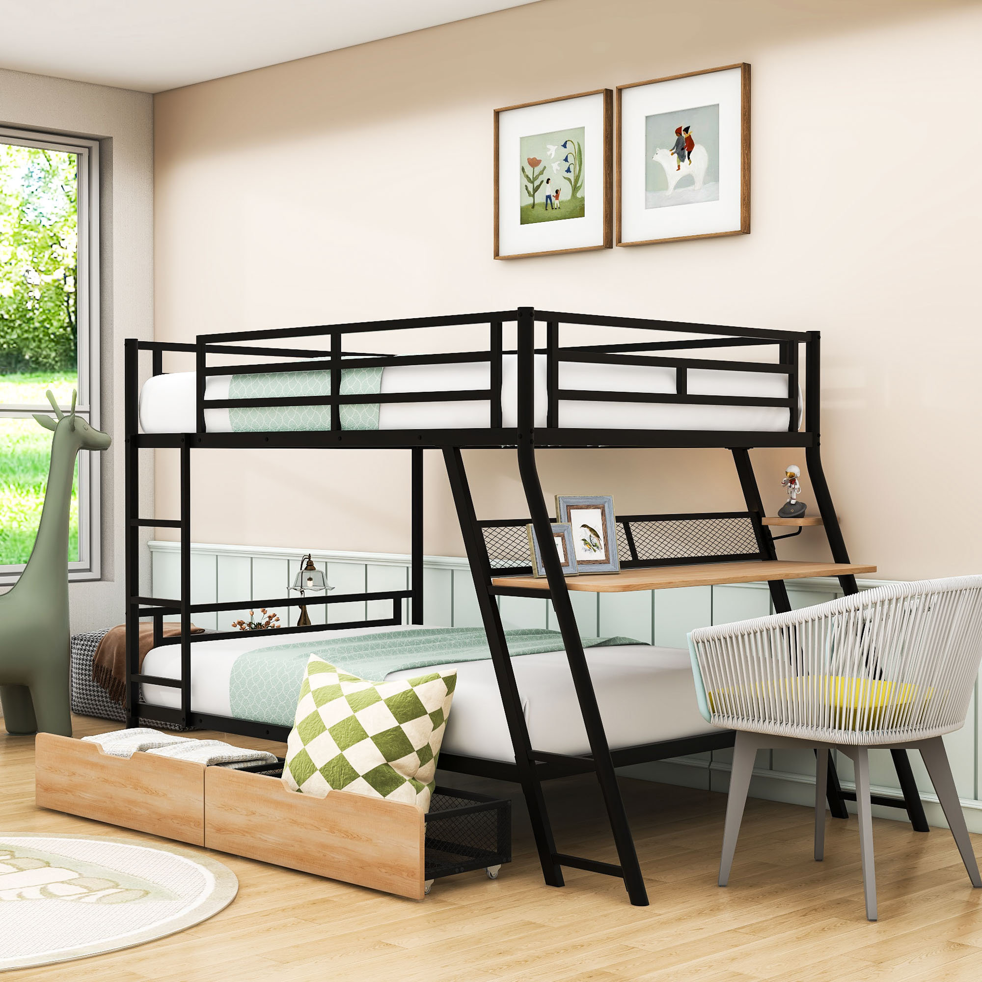 Mason & Marbles Full Over Full Metal Bunk Bed With Built-In Desk ...