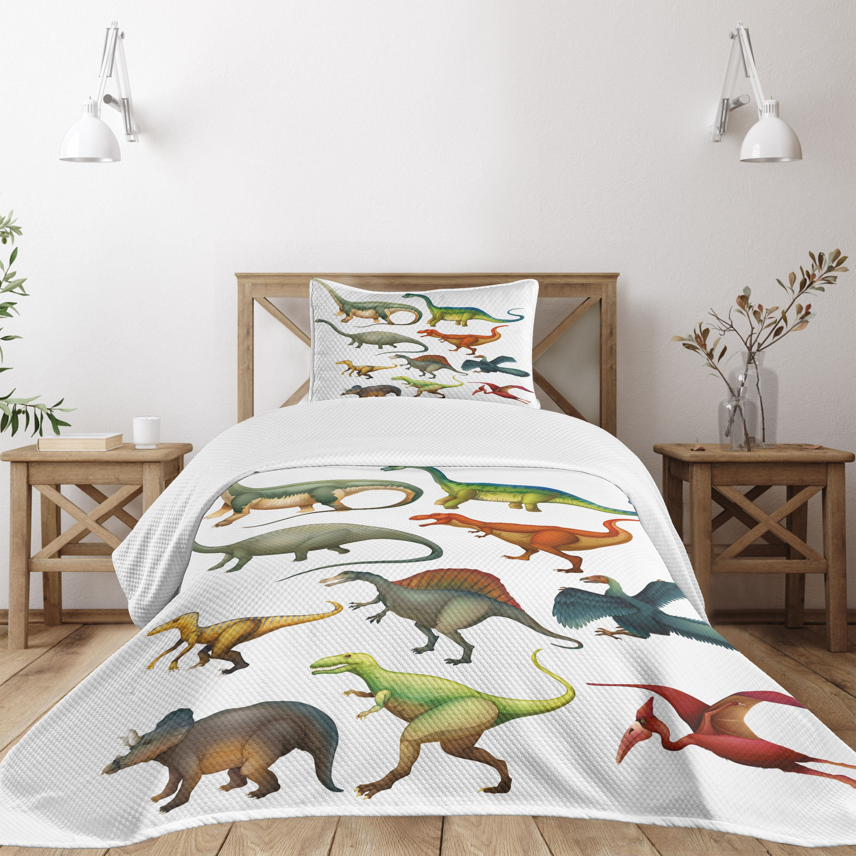 Ambesonne Dinosaur Bedspread Set Jurassic Animals Wild Life Multicolor ...
