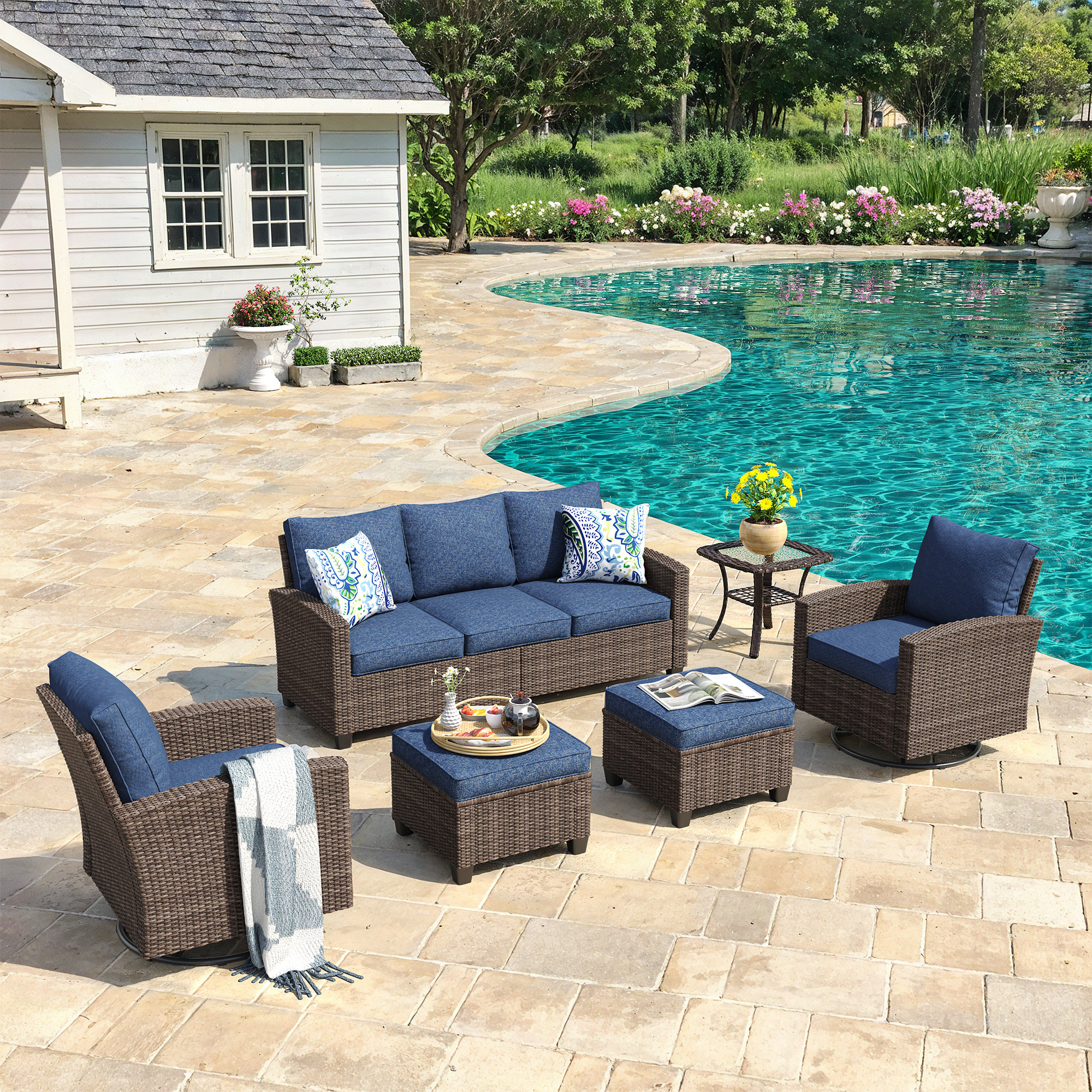 Winston Porter 5-Person Wicker Patio Conversation Set with 3-seat Sofa ...