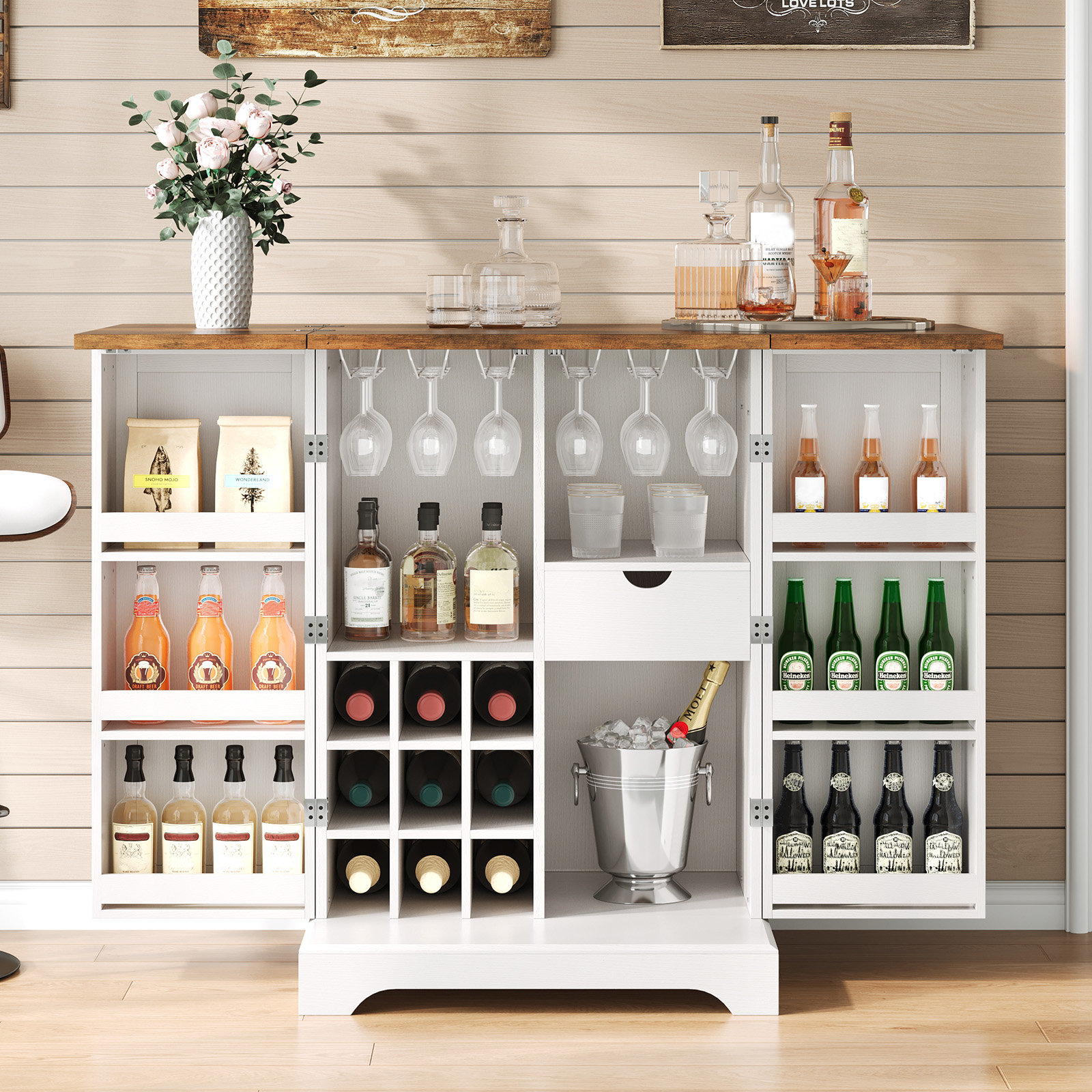 August Grove® Farmhouse Expandable Wine Bar Cabinet, 61" Home Bar Unit ...