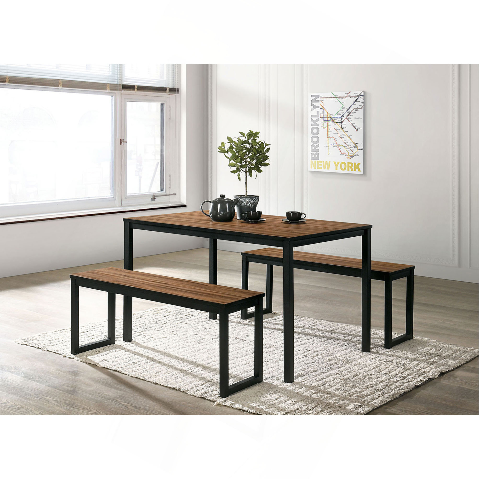 17 Stories Industrial Style 3Pc Dining Set 1X Dining Table 2X Bench U ...