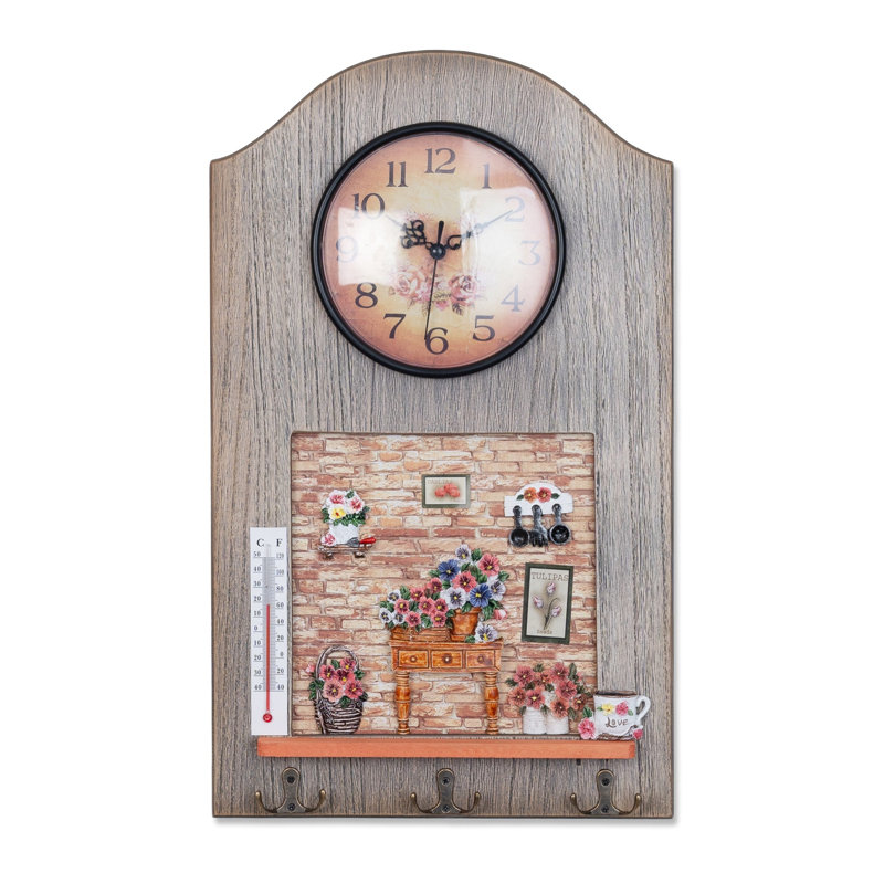 August Grove® Burty Vintage Wooden Clock Key Holder - Farmhouse Wall ...