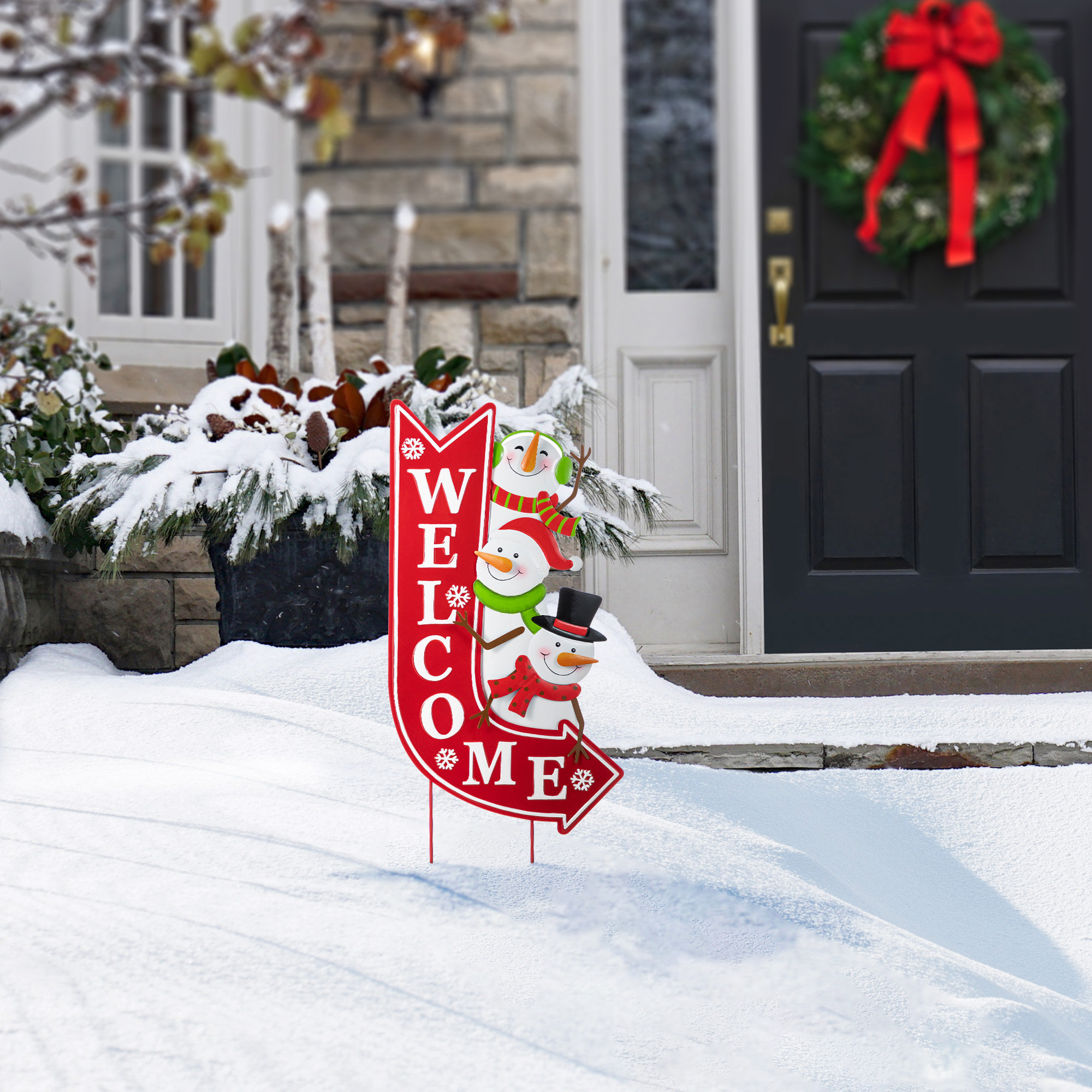 Ophelia & Co. 35.75"H Metal Christmas Snowmen Arrow Welcome Yard Stake ...