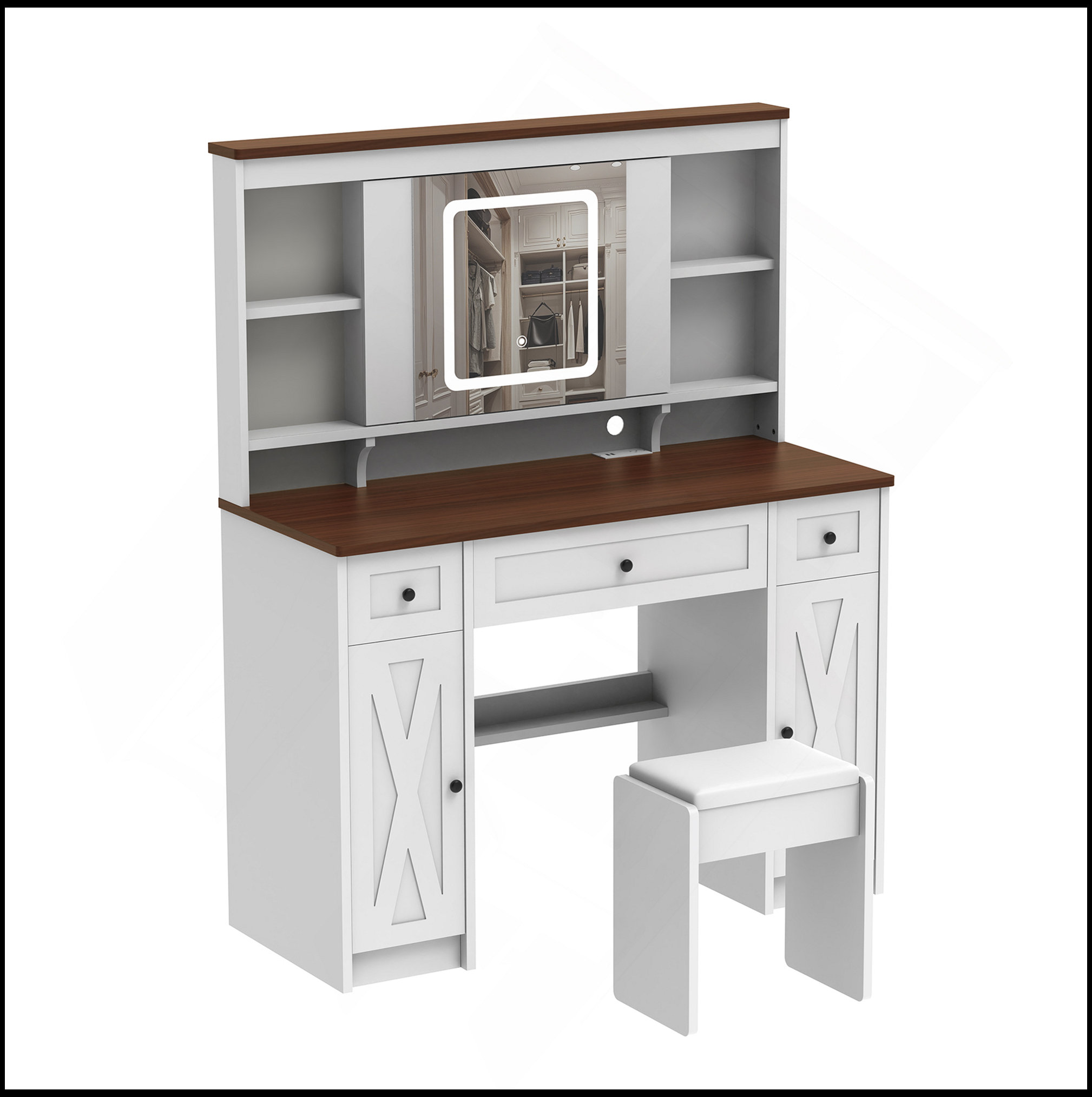 Wrought Studio™ Farmhouse Vanity Desk With Sliding Mirror,Lights And ...