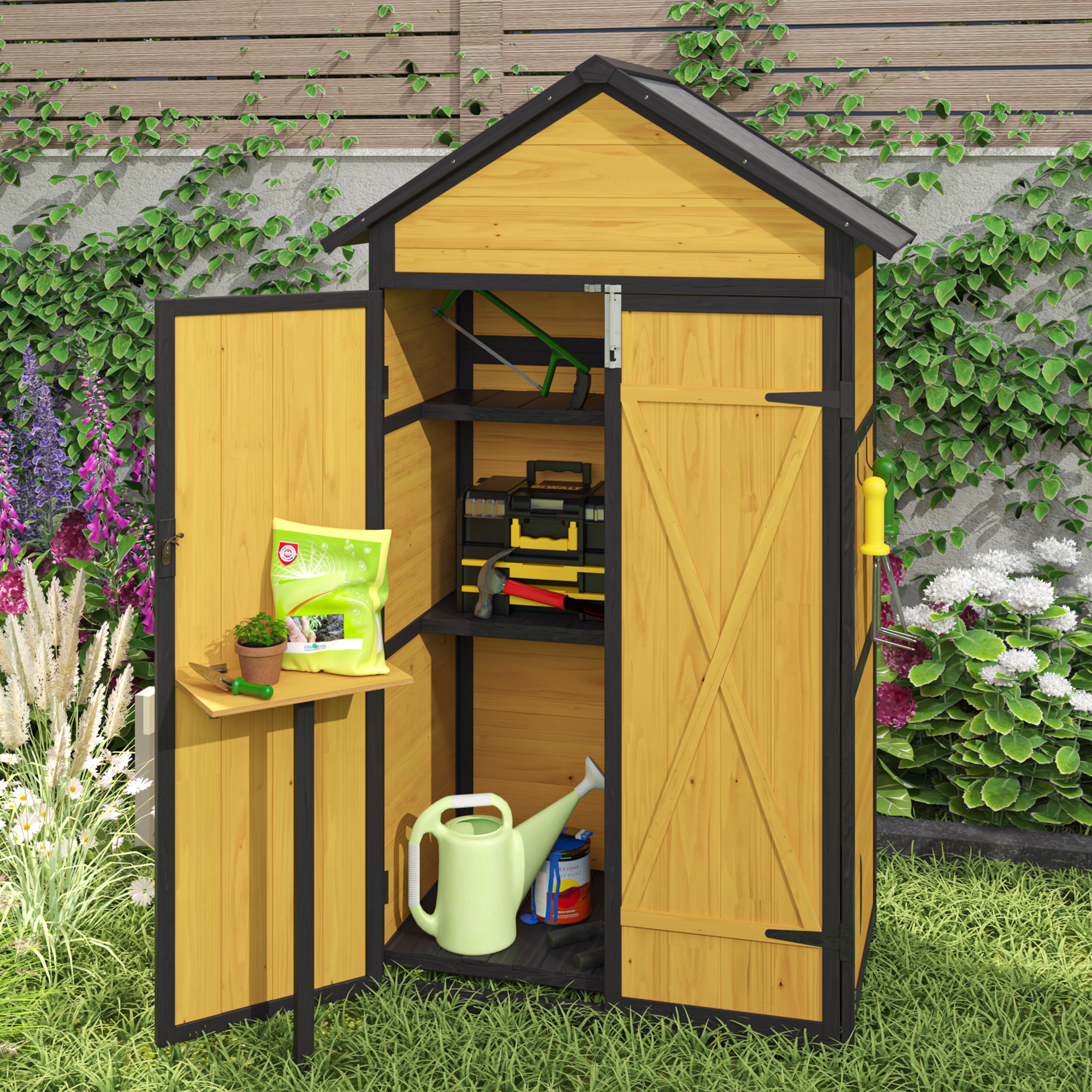 iYofe 68"H Patio Wood Storage Shed, Outdoor Storage Cabinet With ...