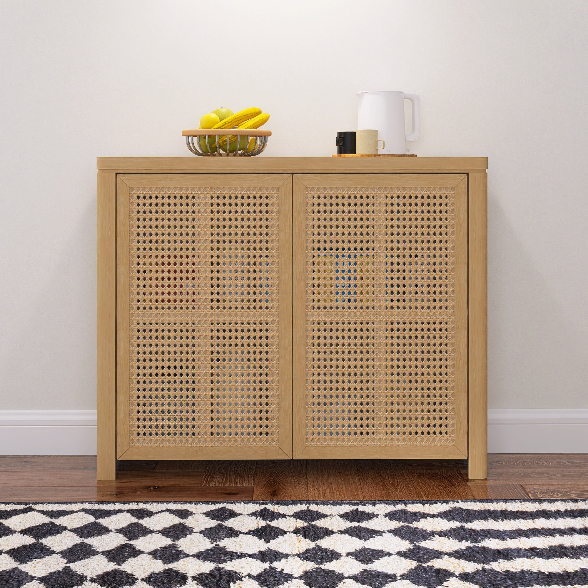 Mercer41 Mid Century Modern Rattan Sideboard Buffet Cabinet With 2 ...