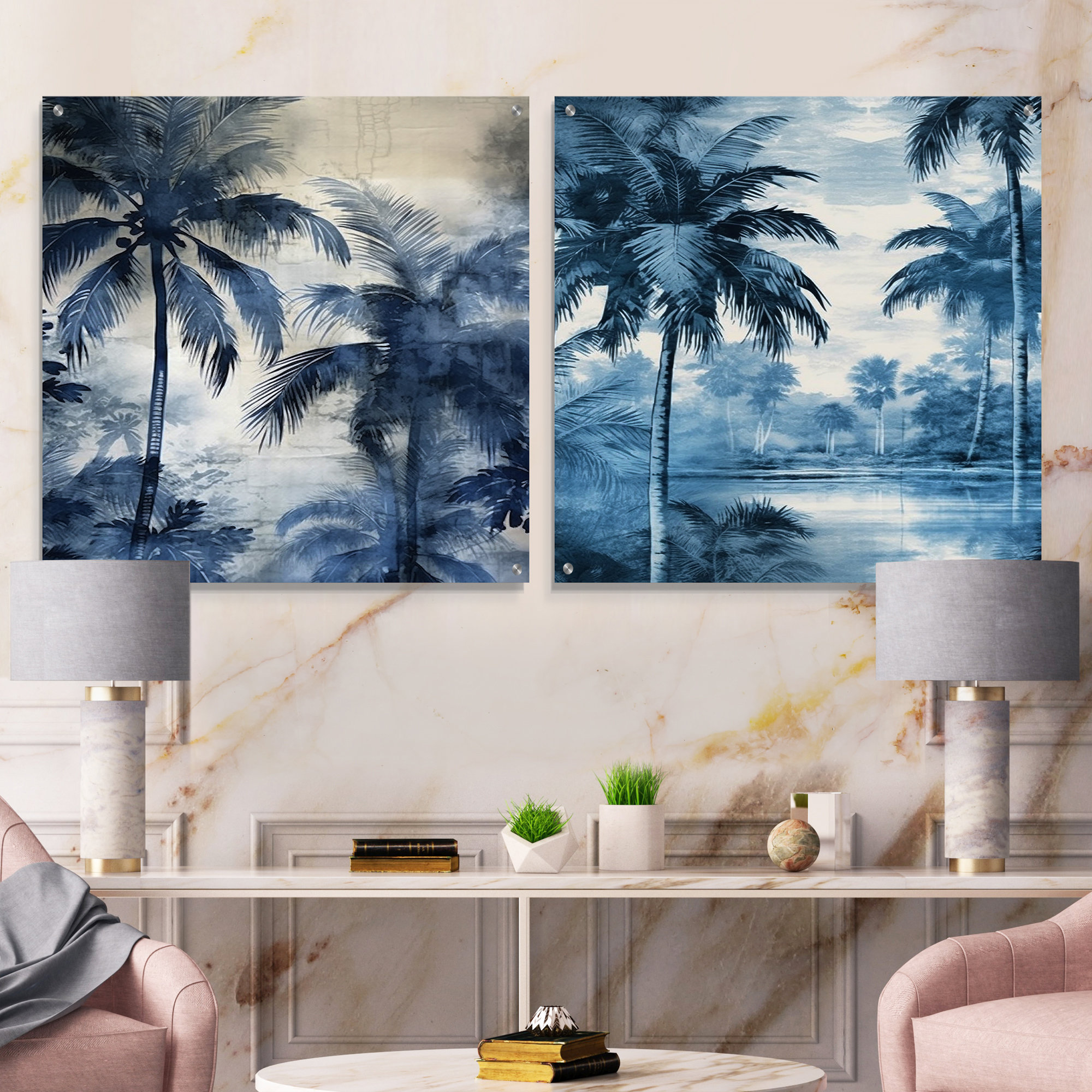 Design Art Vintage Blue Palm Trees Shadows - Palms & Palm Trees Acrylic ...