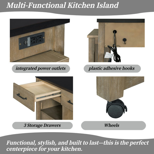 Gracie Oaks Expandable Kitchen Island with Storage, Power Outlets ...