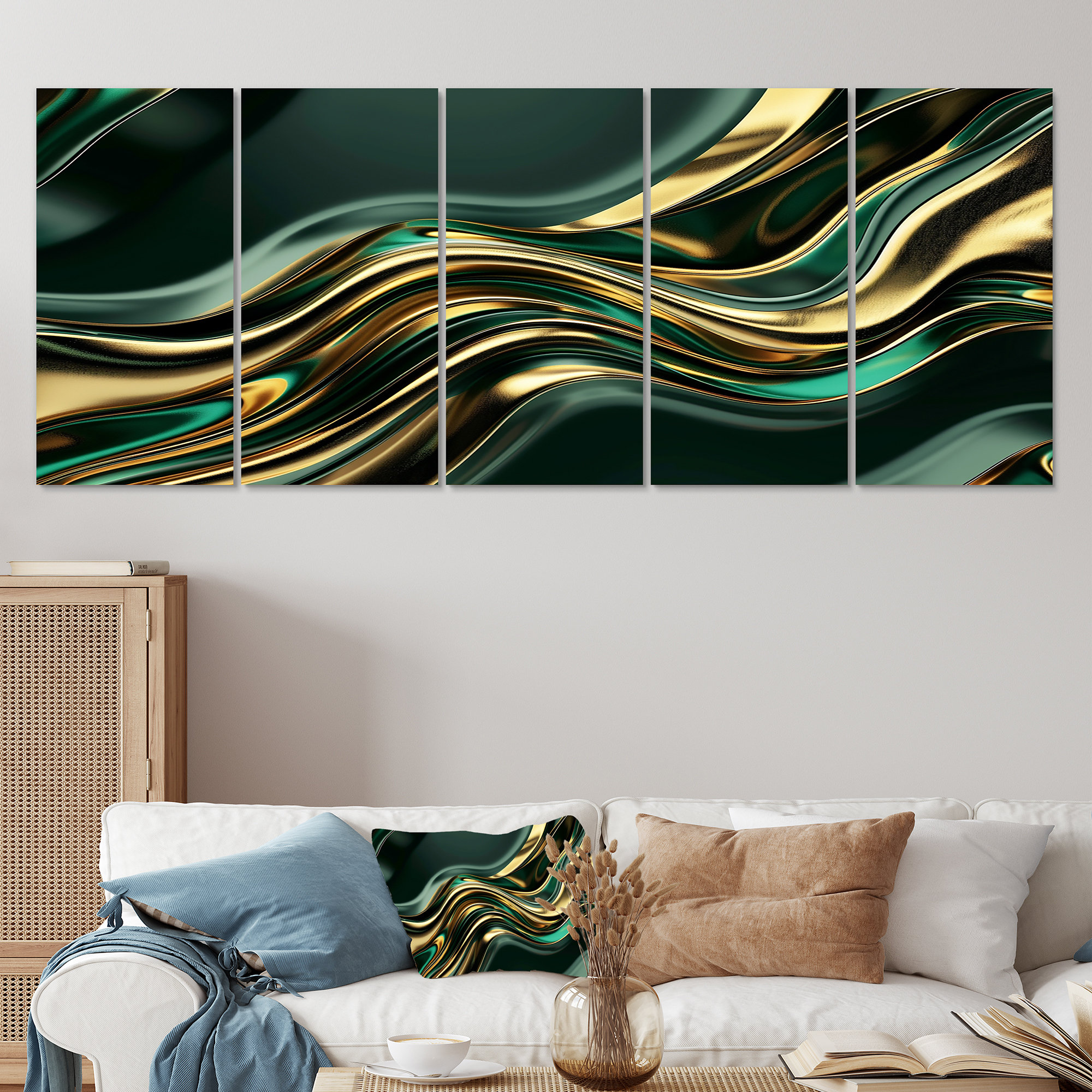 Design Art Liquid Emerald Gold Flows - Waves Wall Art Decor Set 5 Piece ...