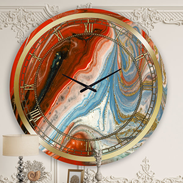 East Urban Home Red Gold and Blue Marble - Glam wall clock | Wayfair