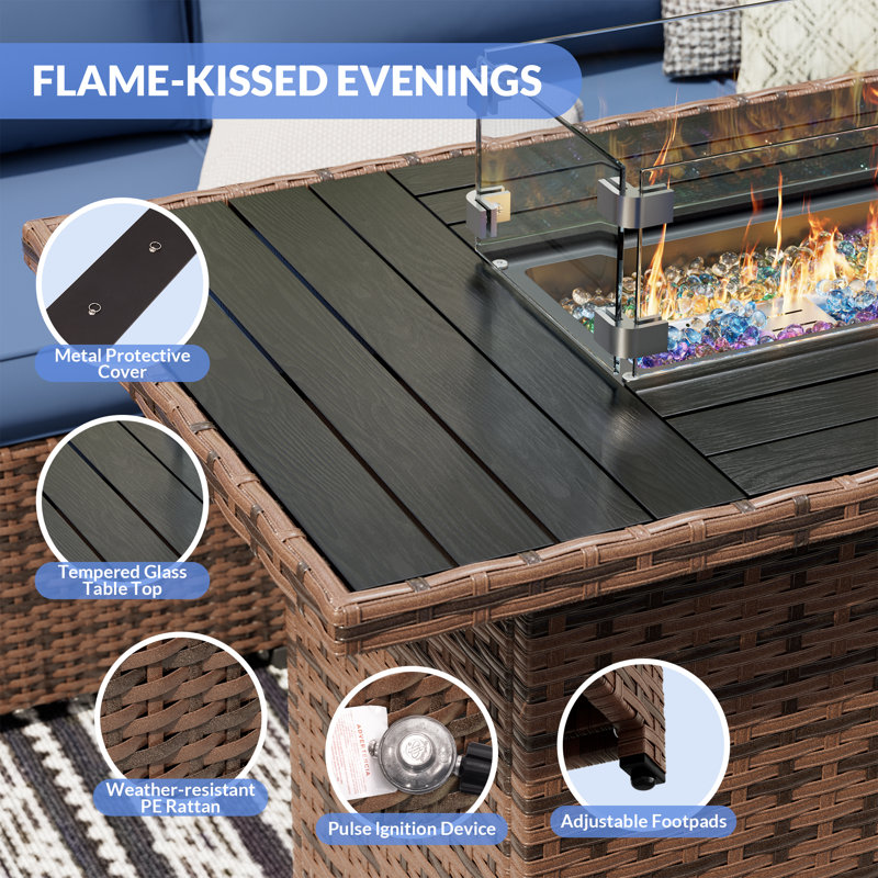 Latitude Run® Mecayla 8 Piece Fire Pit & Rattan Sectional Seating Group ...