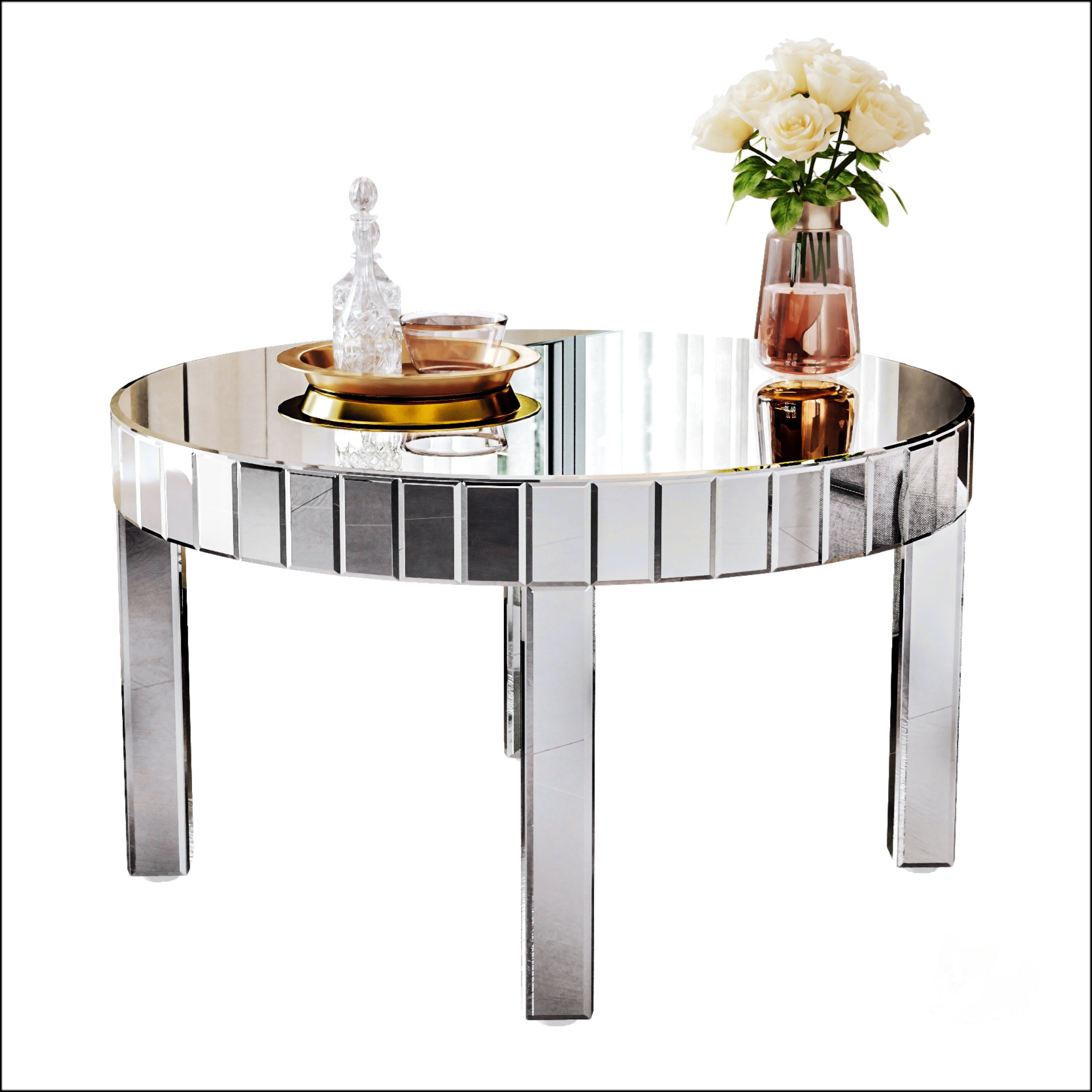 Ivy Bronx Dazzling Silver Round Coffee Table With Fluted Mirror Design ...