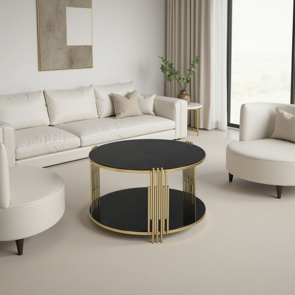 Mercer41 31.5" Transparent Mirror Coffee Table - Asymmetrical Gold Drum ...