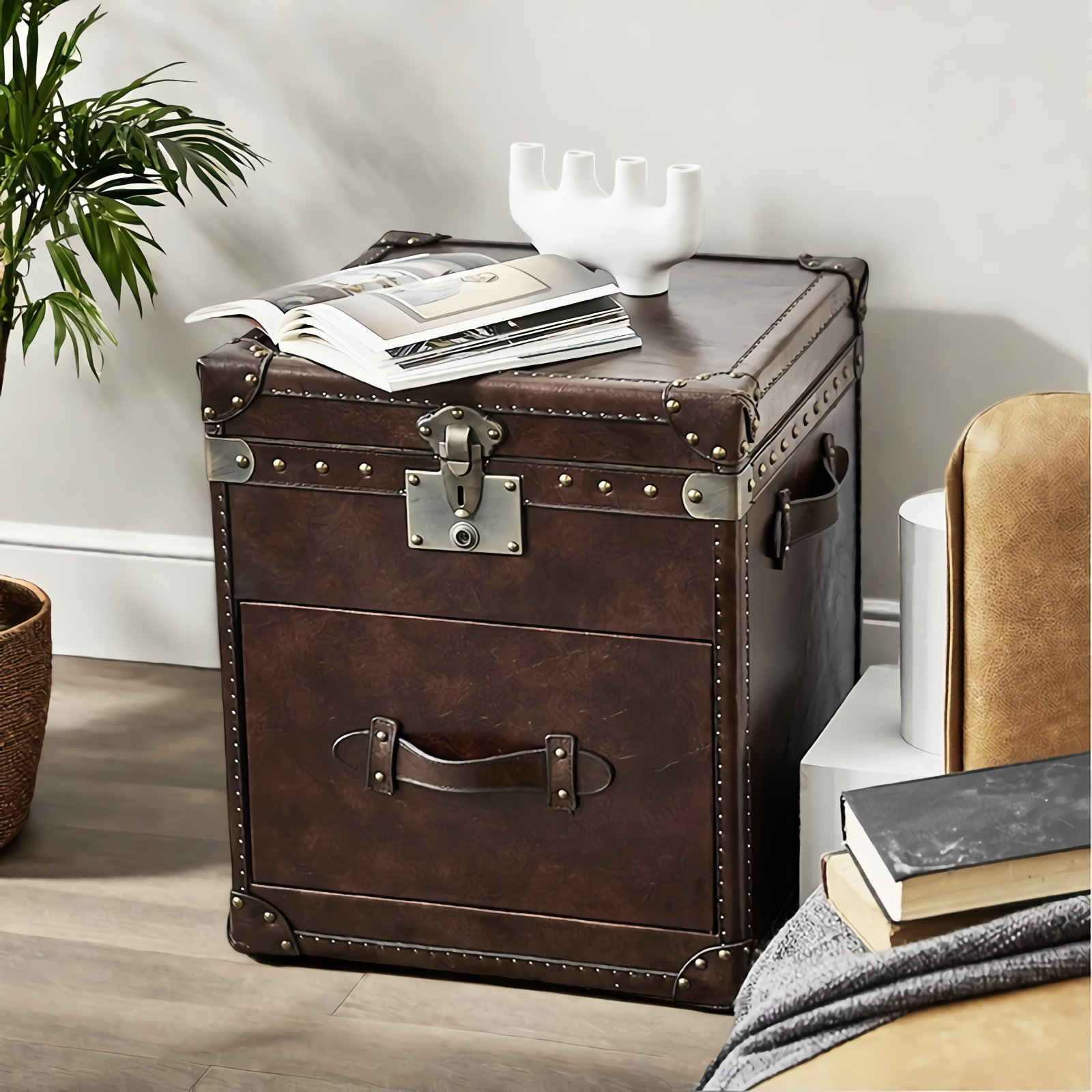 HUGESTO Dark Brown Small Artificial Leather Accent Trunk | Wayfair