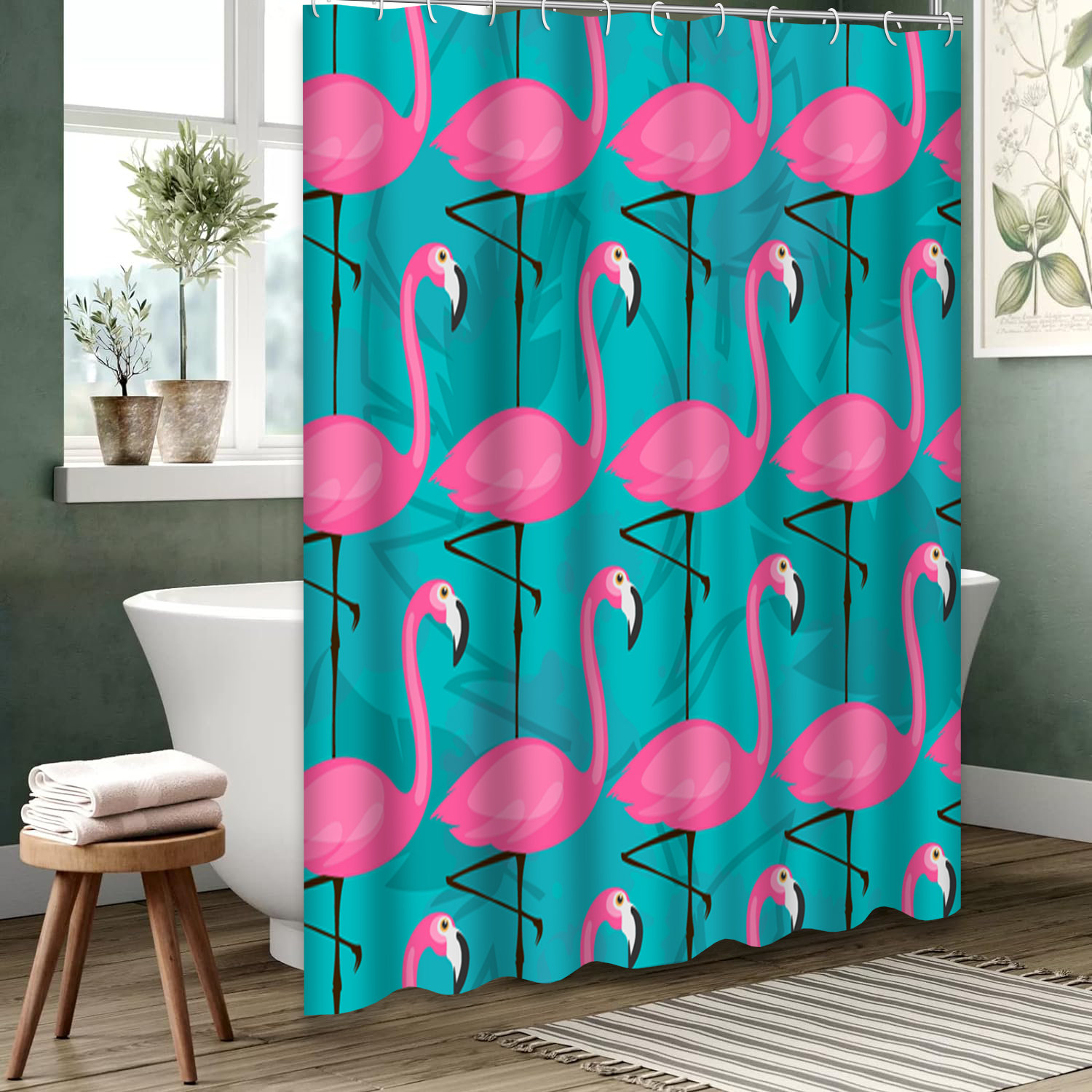 East Urban Home Blue Green Waterproof Shower Curtain,Seamless with Flamingos Turquoise Palm Tree ...