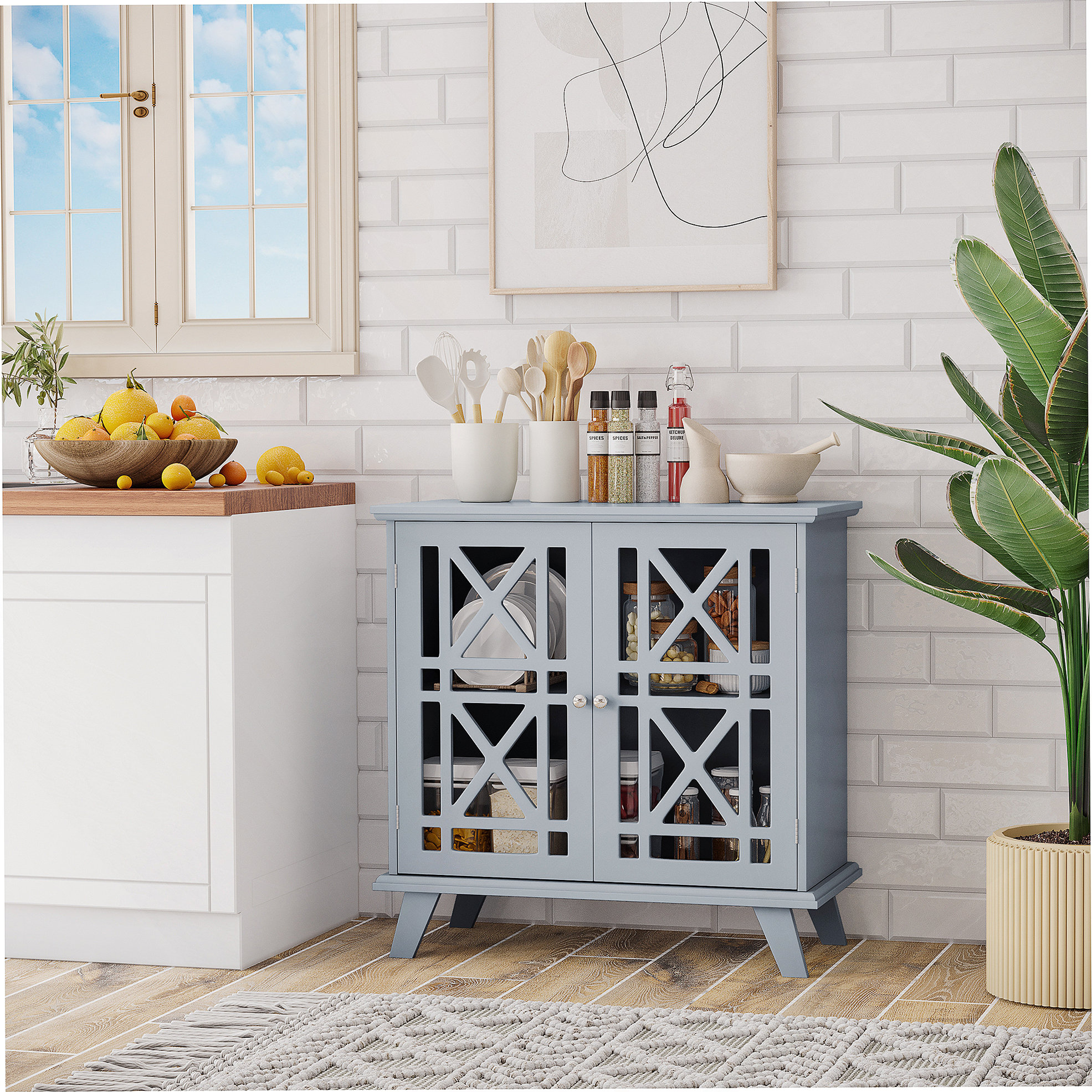 Breakwater Bay Gray Double Fretwork Doors Sideboard Accent Cabinet ...