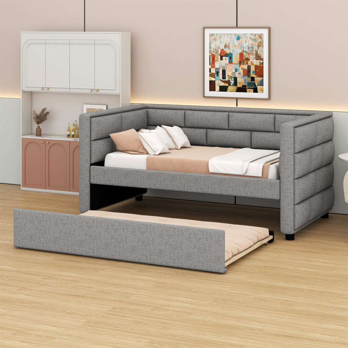 Latitude Run® Daybed With Trundle, Upholstered Daybed With Padded Back ...