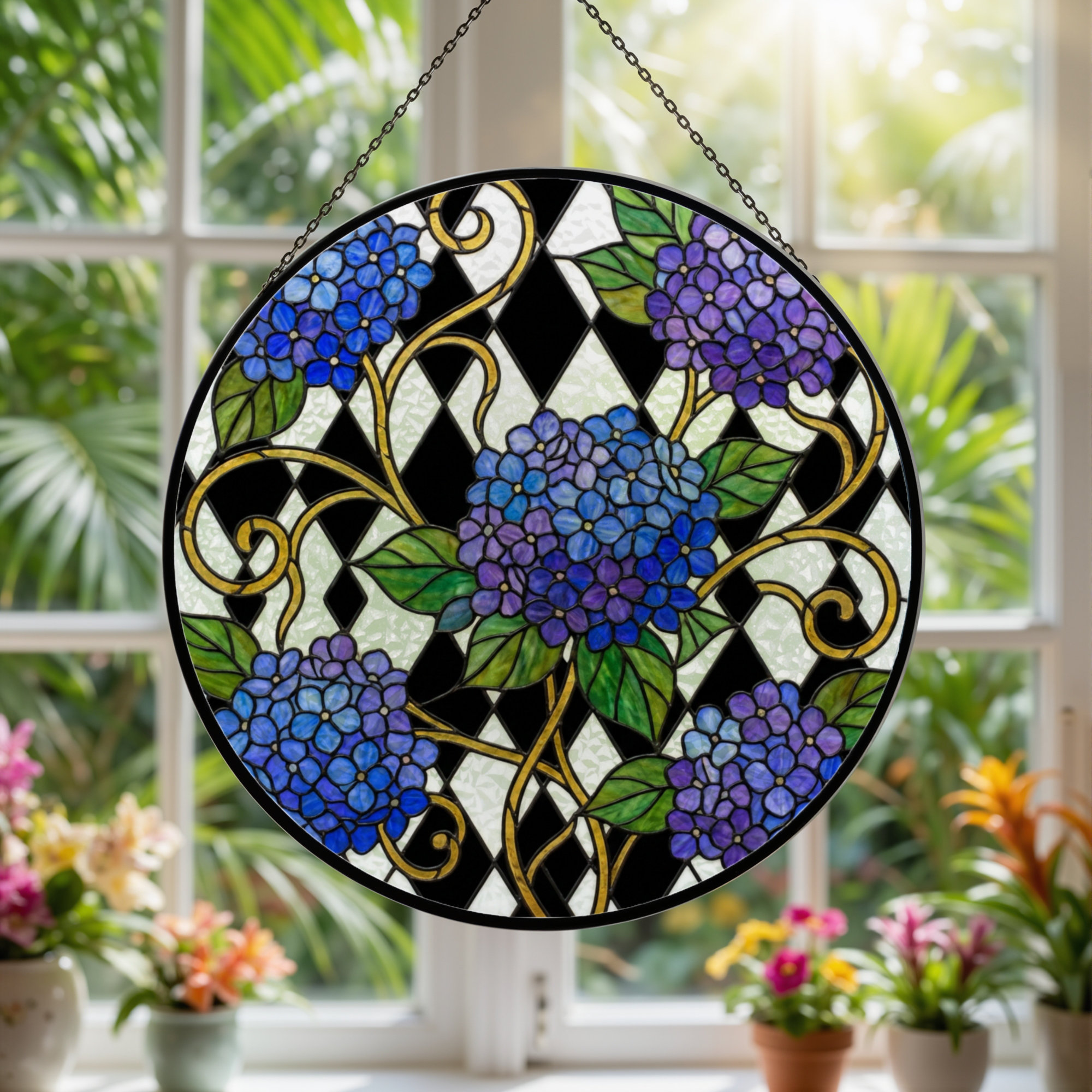 Astoria Grand 7.8"H Hydrangea Vine Stained Glass Window Panel | Wayfair