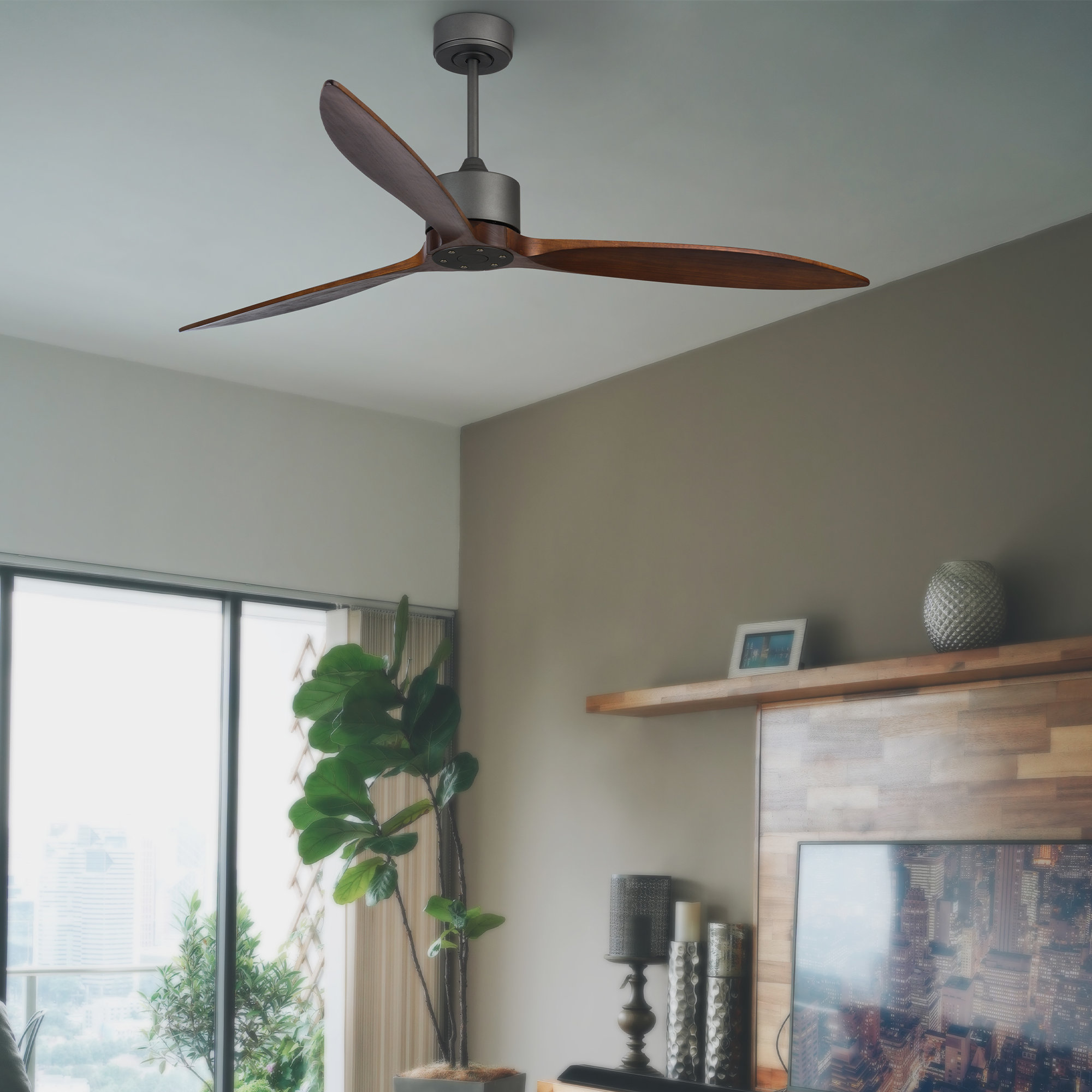 Ivy Bronx Modern Walnut Solid Wood 3-Blade Ceiling Fan With 6-Speed ...