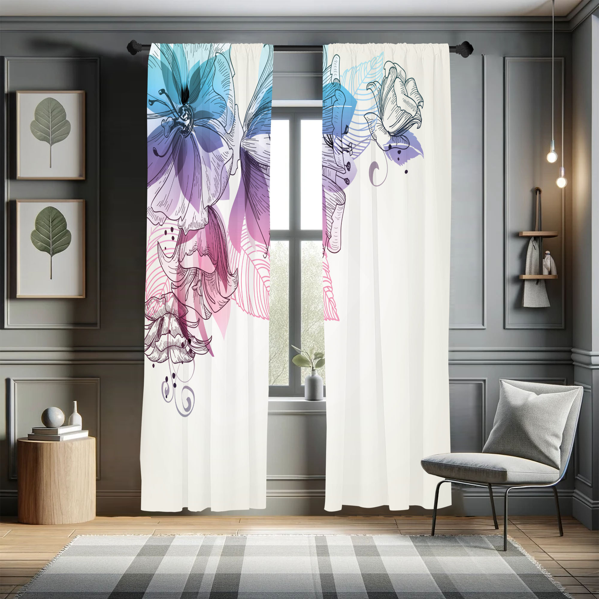 Ebern Designs Flowers Curtains, Buds Leaf Themed Print Art, Pair of 28 ...
