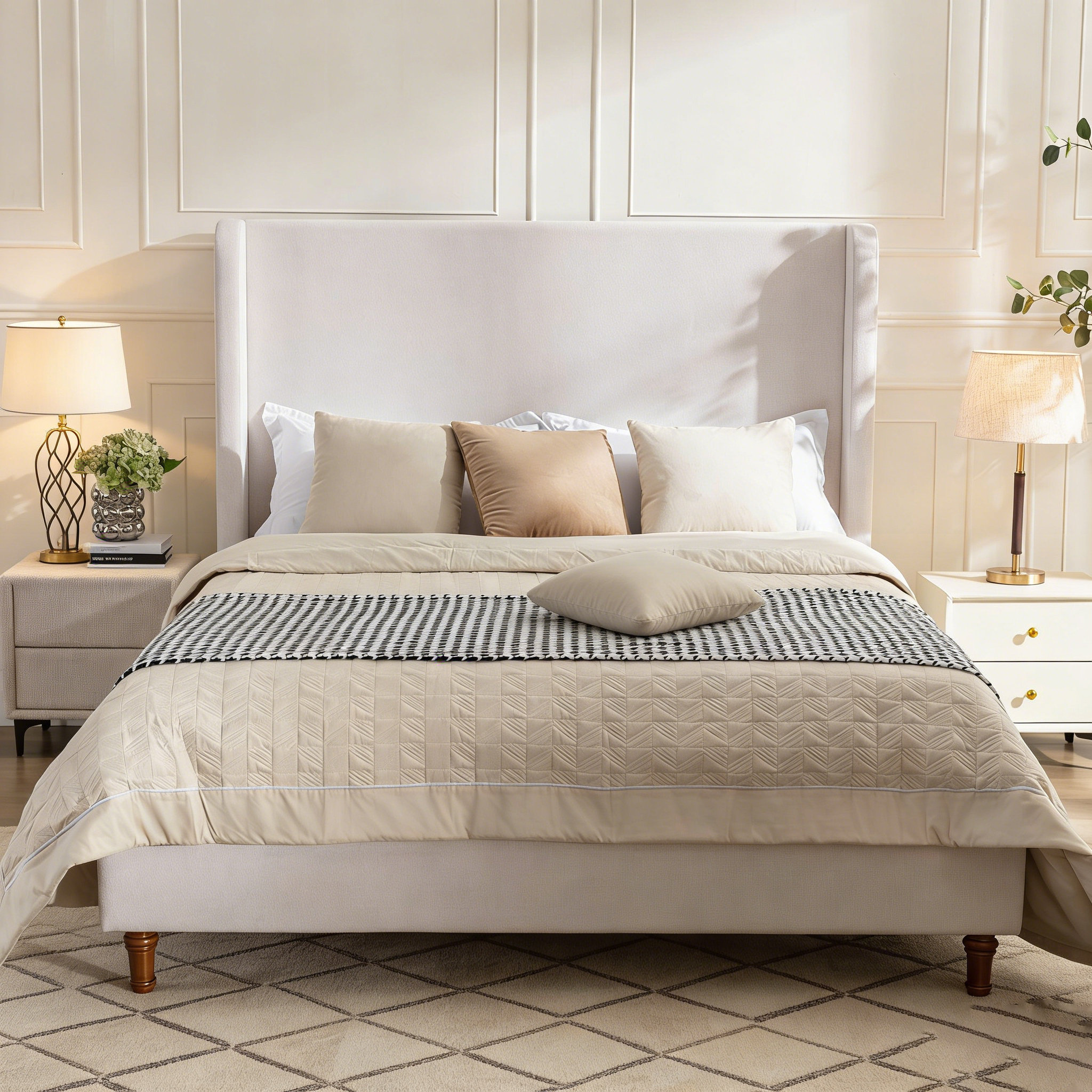 House of Hampton® Textured Ivory Canvas King Bed, Wingback Design With ...