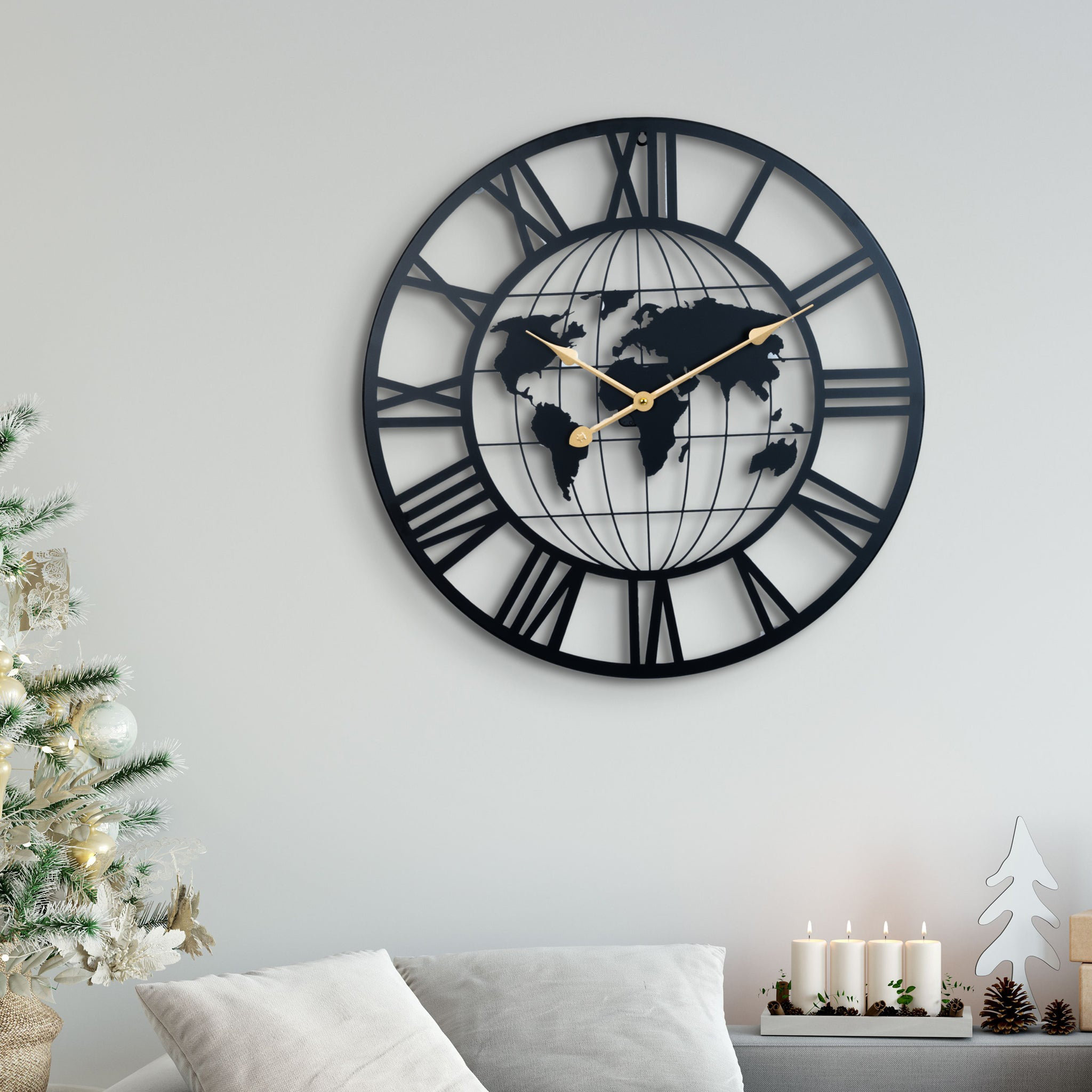 Ebern Designs Damauri Round Metal Wall Clock, Black Embedded World Map ...