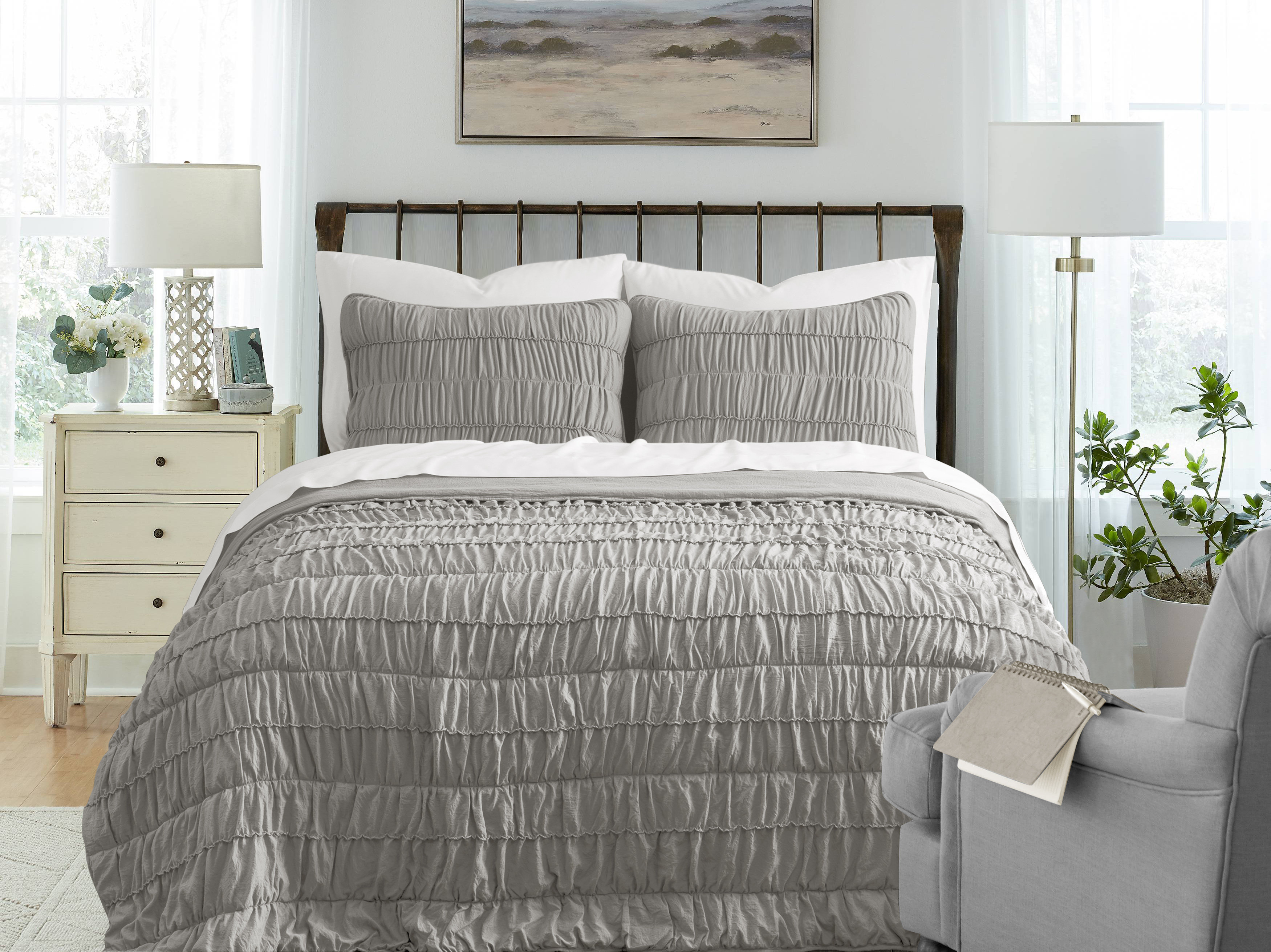 DESIGN STUDIO Garment Wash Ruched 3-Piece Microfiber Quilt Set ...
