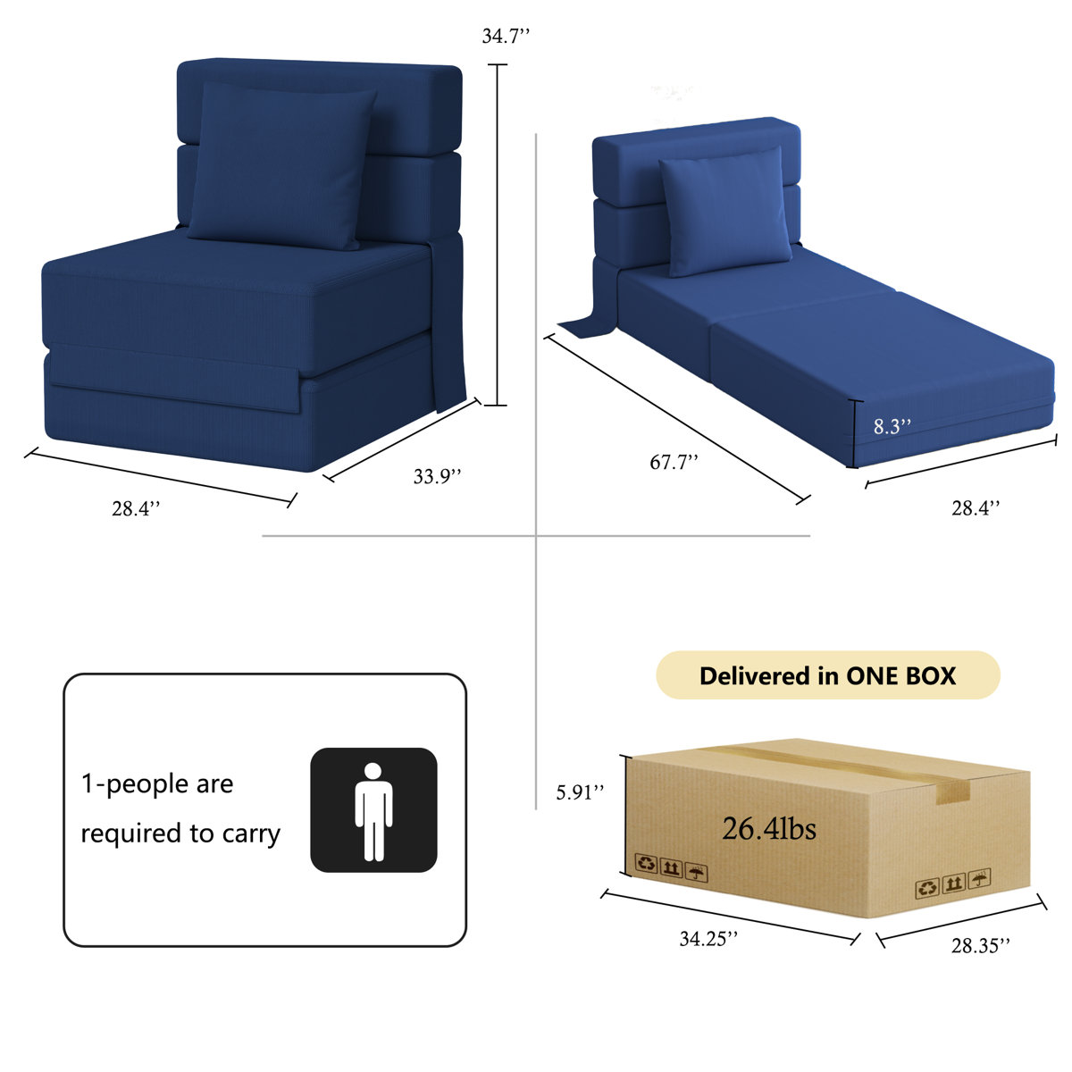 Mercer41 Simple Modern Convertible Folding Compression Sectional Sofa ...