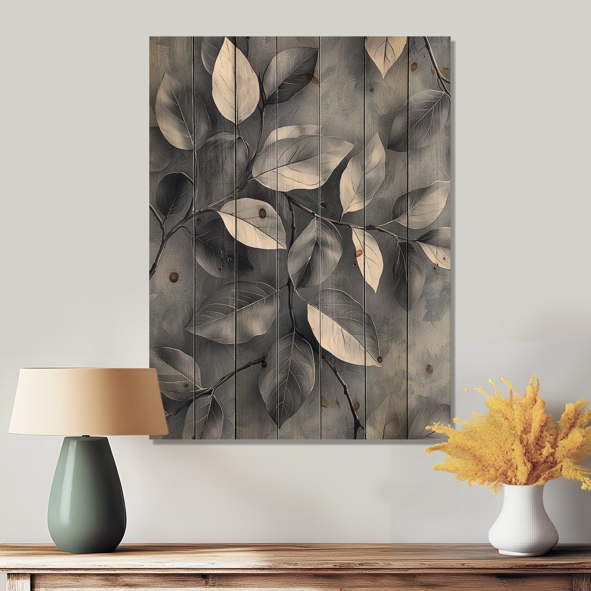 Ophelia & Co. Copper Silver Pewter Leaves I - Leaves Wood Wall Decor - On Natural Pine Wood ...