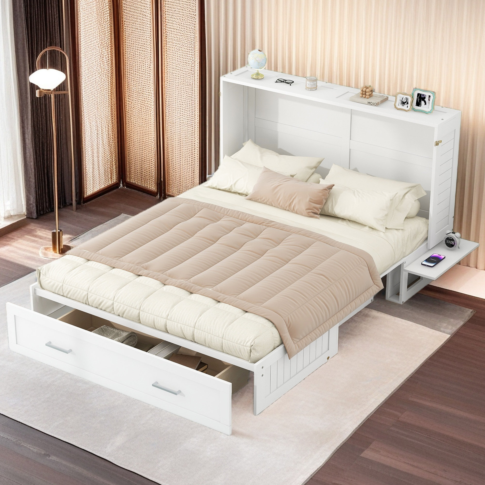 Lark Manor™ Queen Size Mobile Murphy Bed With Drawer And Little Shelves ...