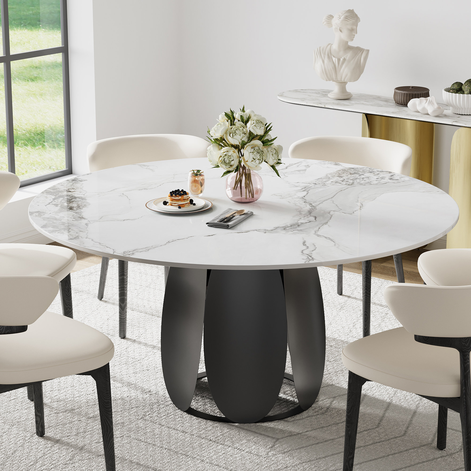 Corrigan Studio® 59'' Glossy White Marble Dining Table, Modern Round ...