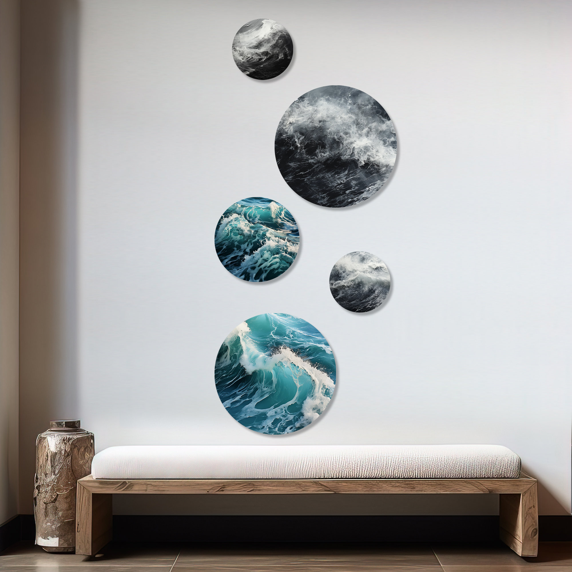 Beachcrest Home Fauvism Blue Waves - Ocean Ocean Round Wall Art Set Of ...