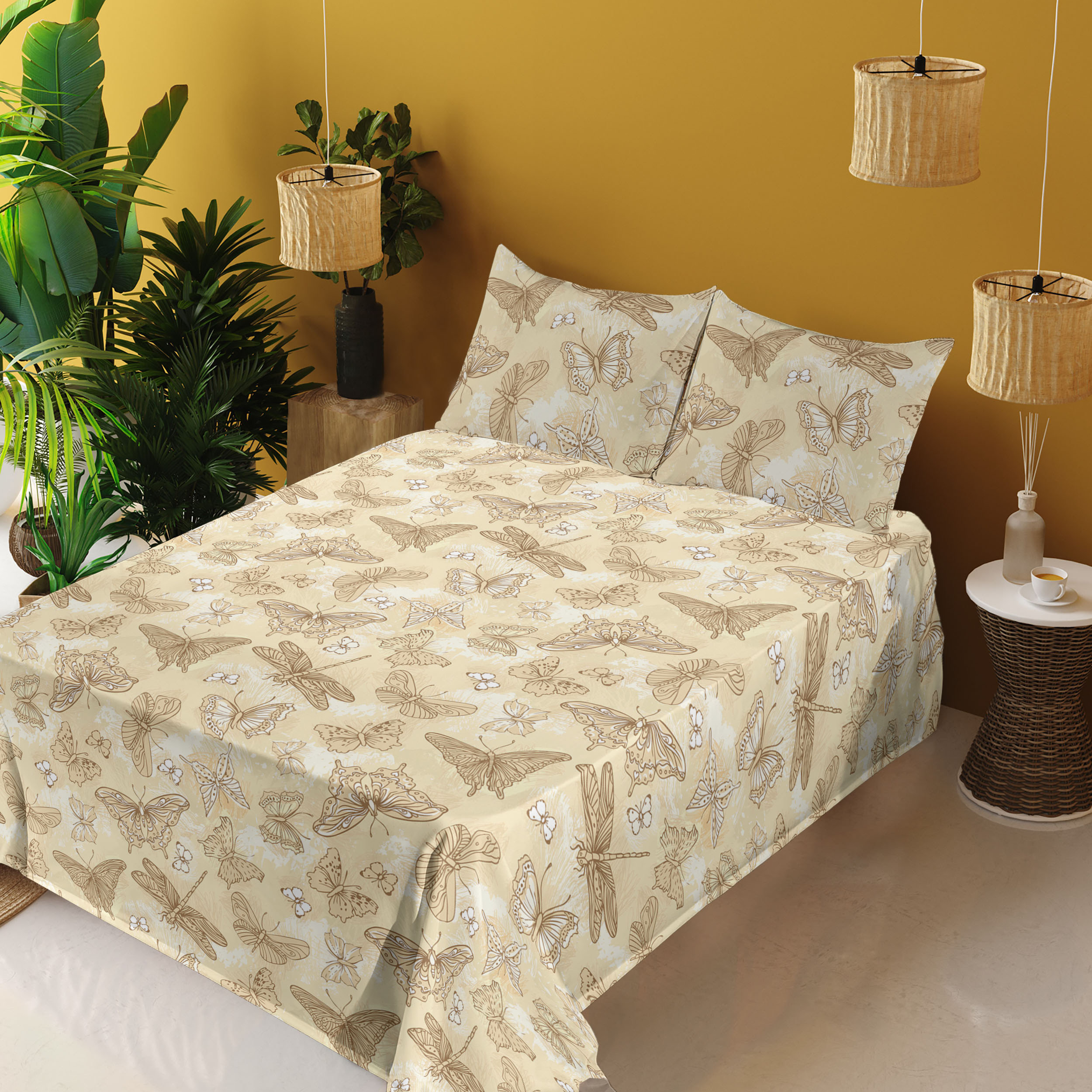 Ambesonne Wings of Spring Sheet Set Butterflies Simple Cream Pale ...