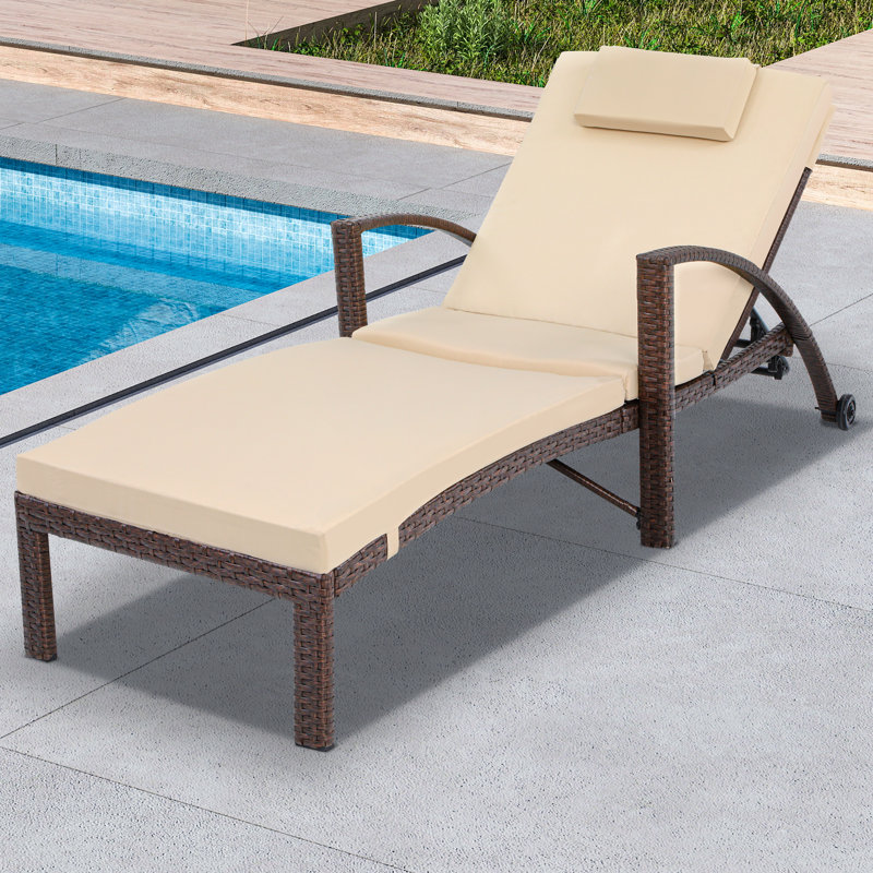 Winston Porter Outdoor Wicker Chaise Lounge with Cushion and Wheels ...