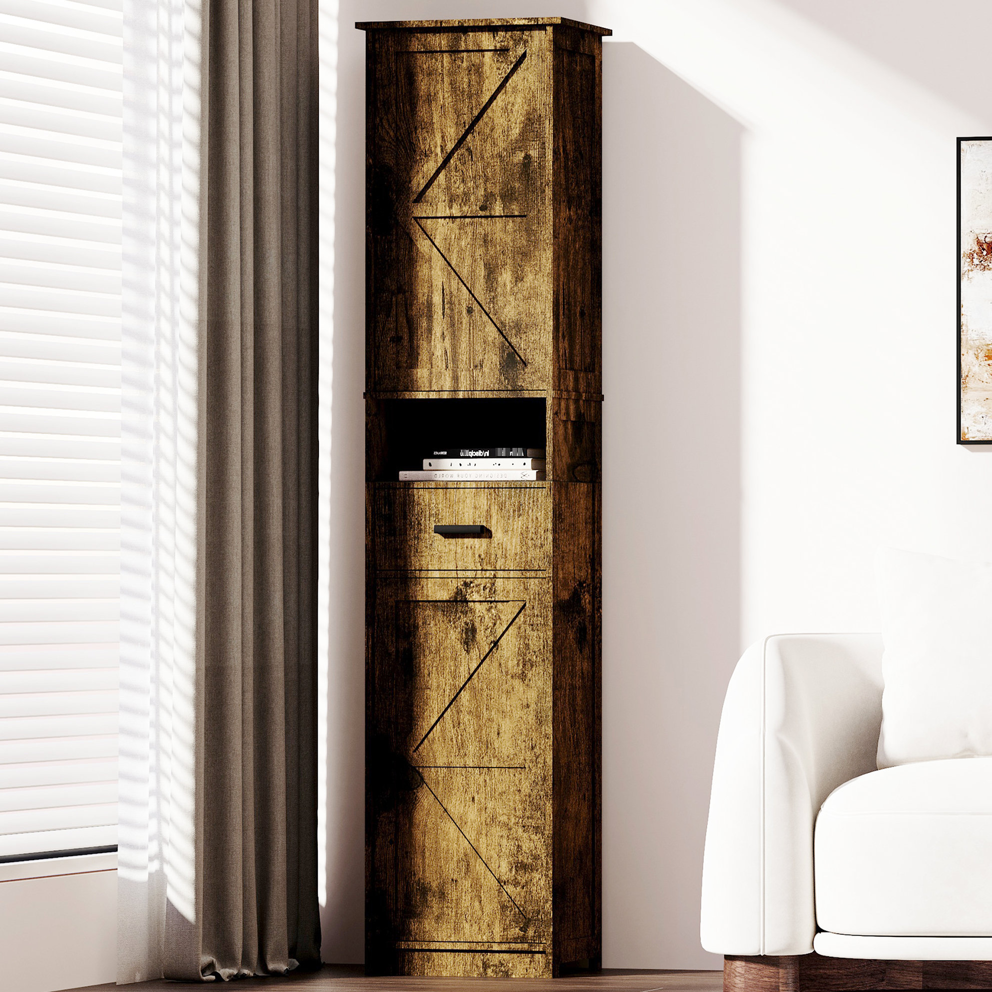 George Oliver 69" Tall Bathroom Cabinet With 2 Barn Doors And 1 Drawer ...