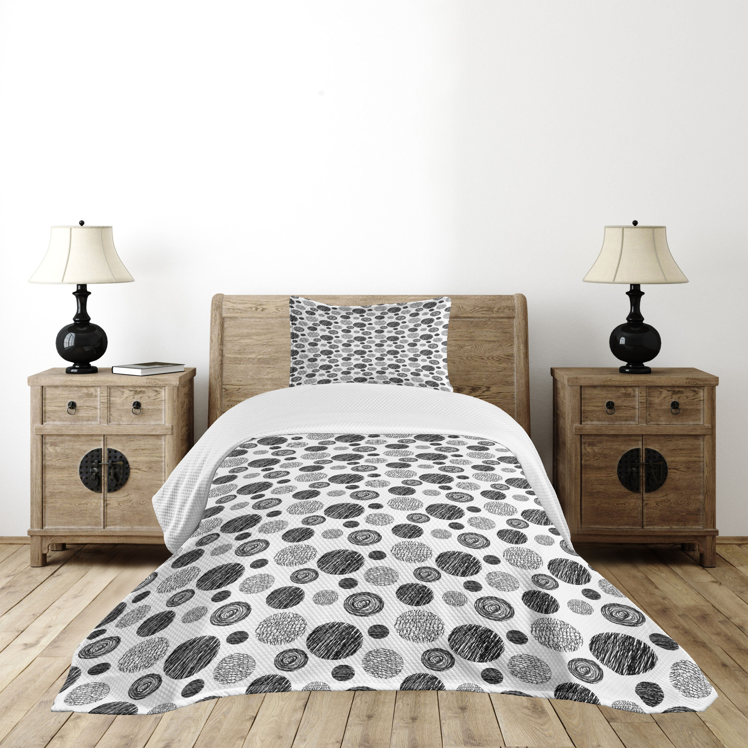 Ambesonne Abstract Bedspread Set Circular Doodles Dots Black White ...