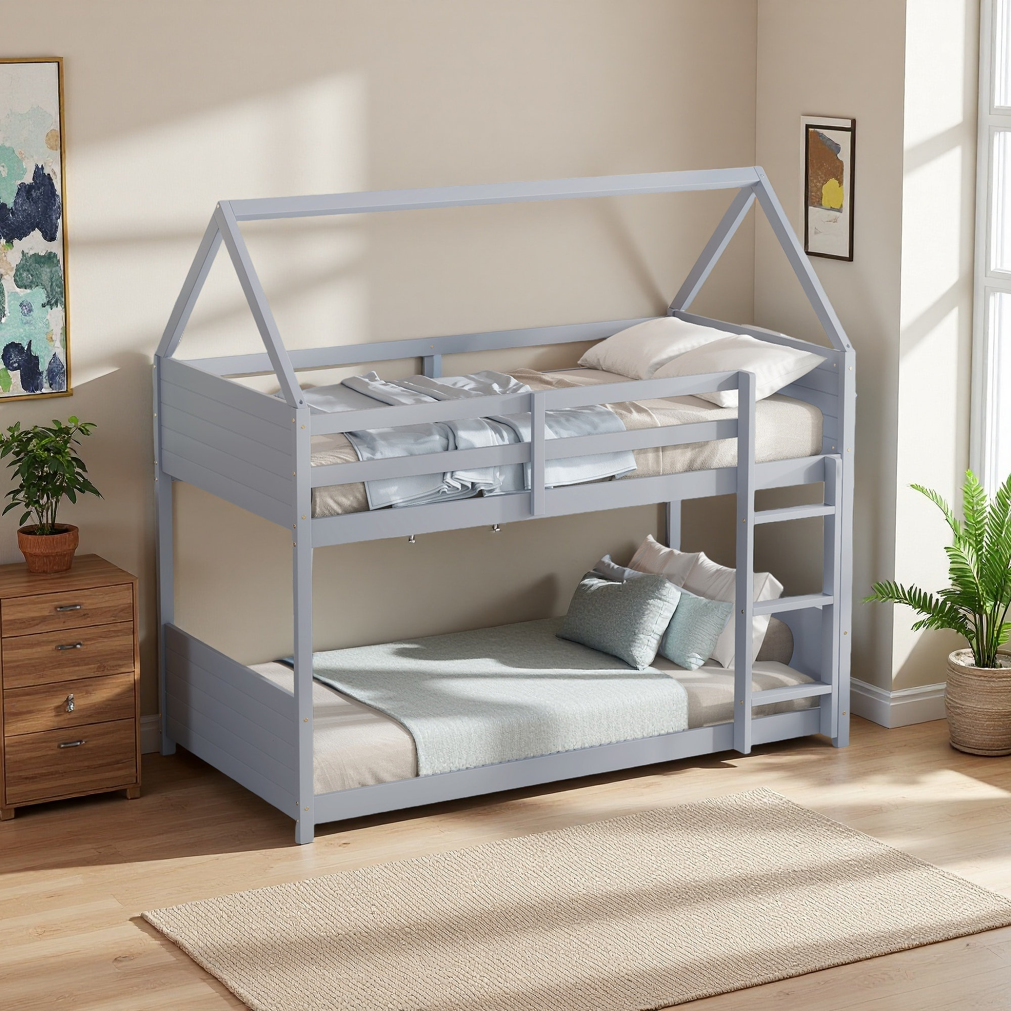 Harper Orchard Twin Over Twin House Floor Bunk Bed With Headboards ...