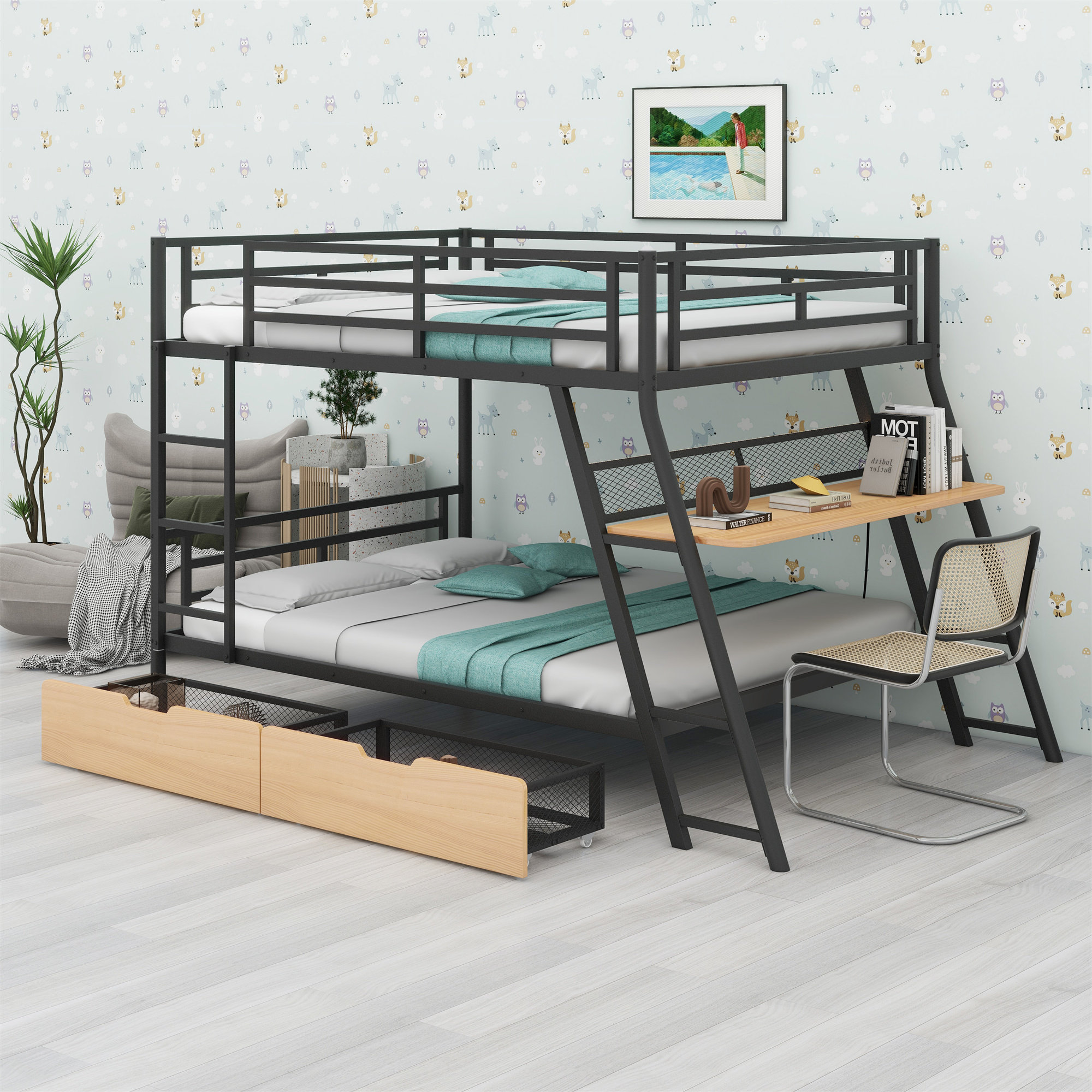 Mason & Marbles Metal Bunk Bed With Built-In Desk, Light And 2 Drawers ...