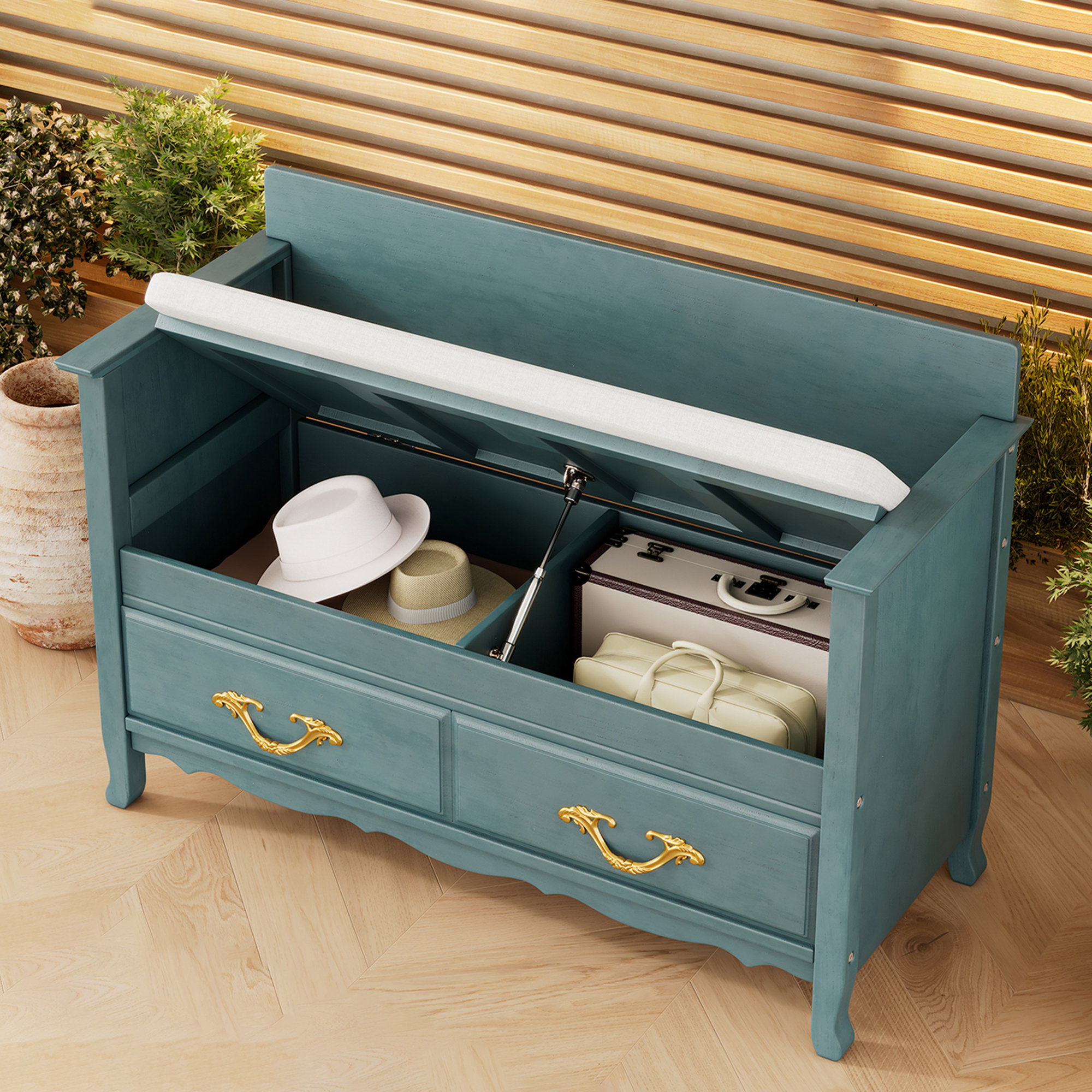 Canora Grey 43" Wide Shoe Storage Bench With Cushion Entryway Bench ...